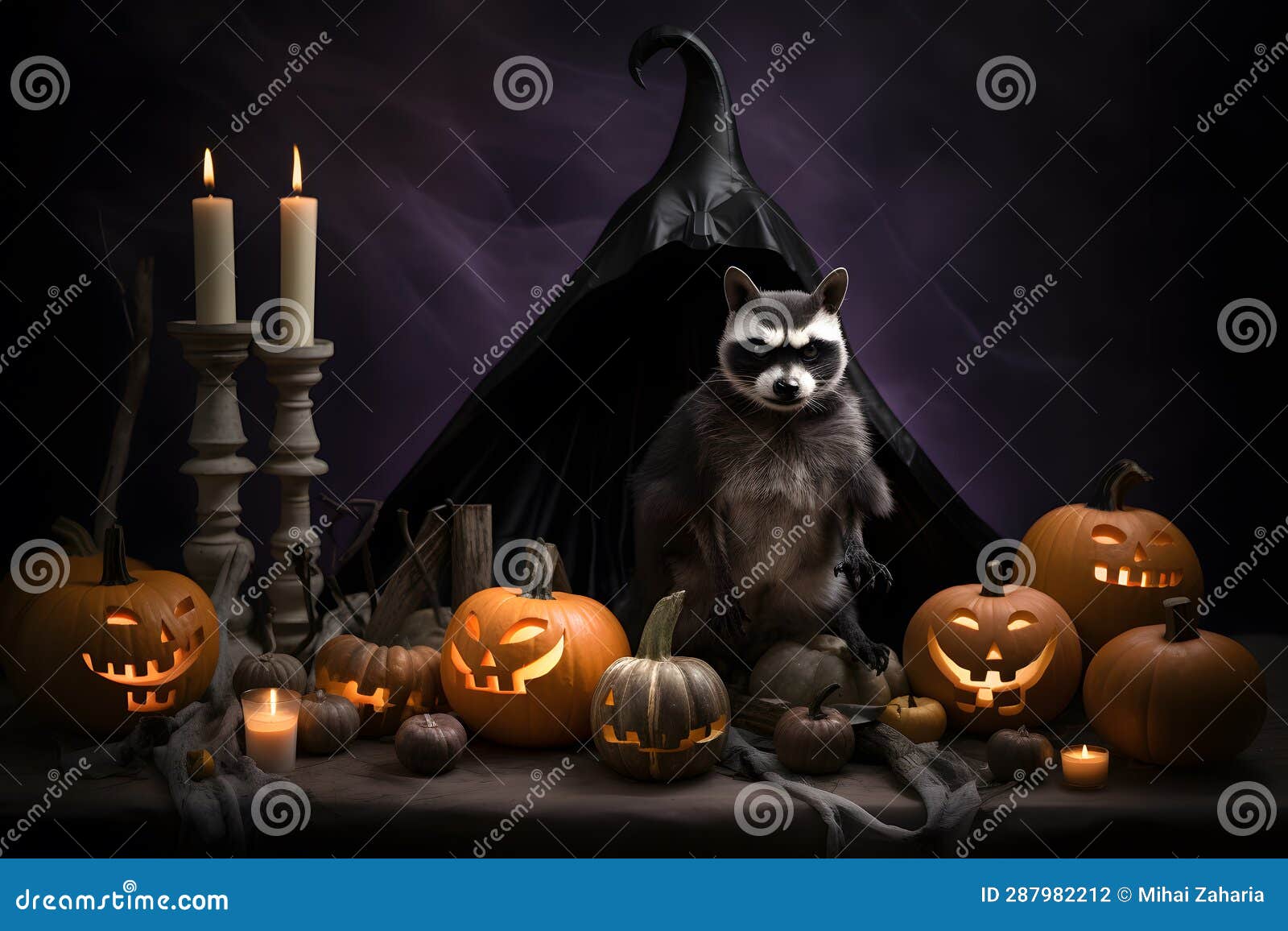 Spooky Portrait of a Raccoon in a Halloween Setup in Studio, Dramatic ...