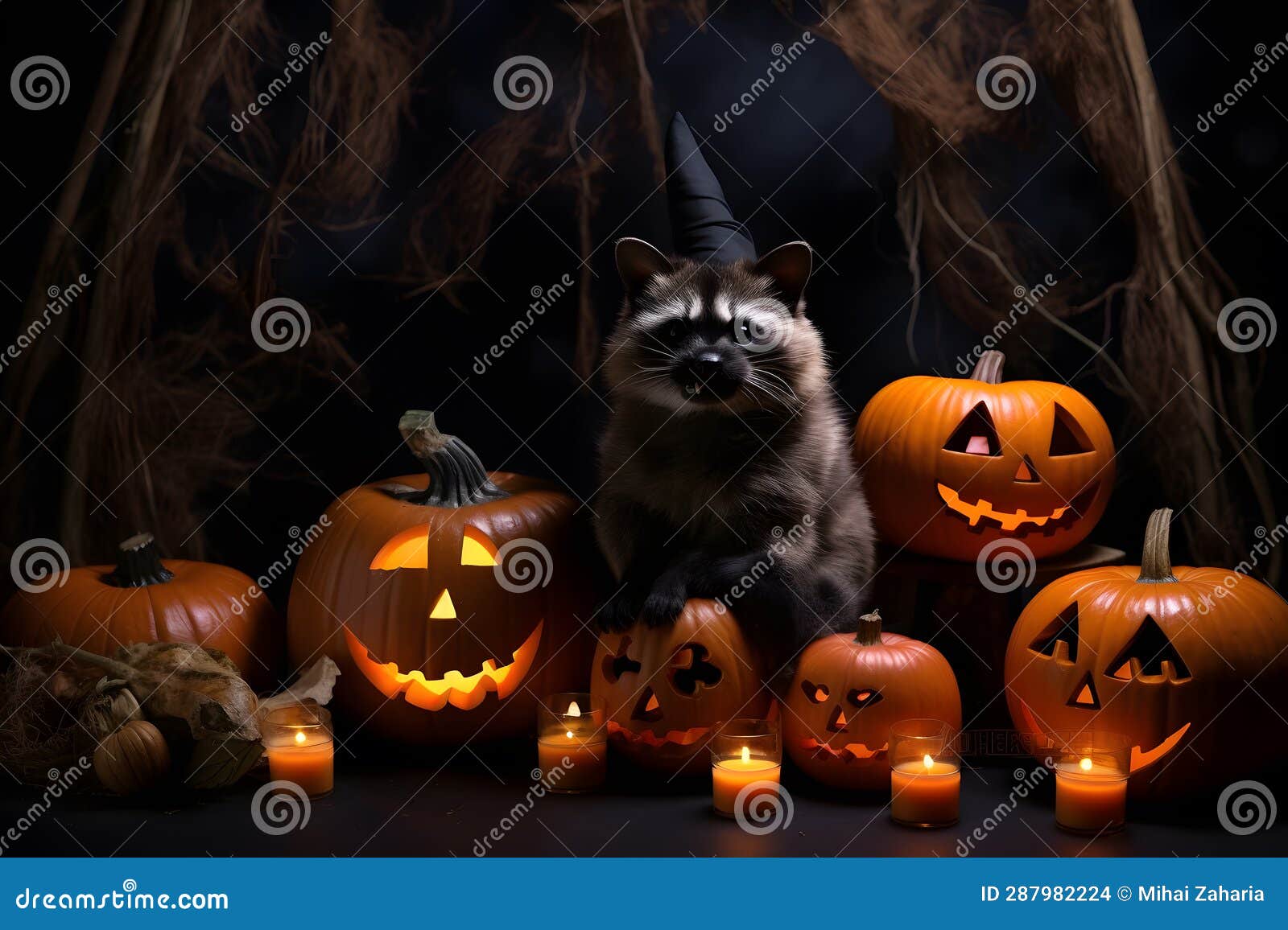 Spooky Portrait of a Raccoon in a Halloween Setup in Studio, Dramatic ...