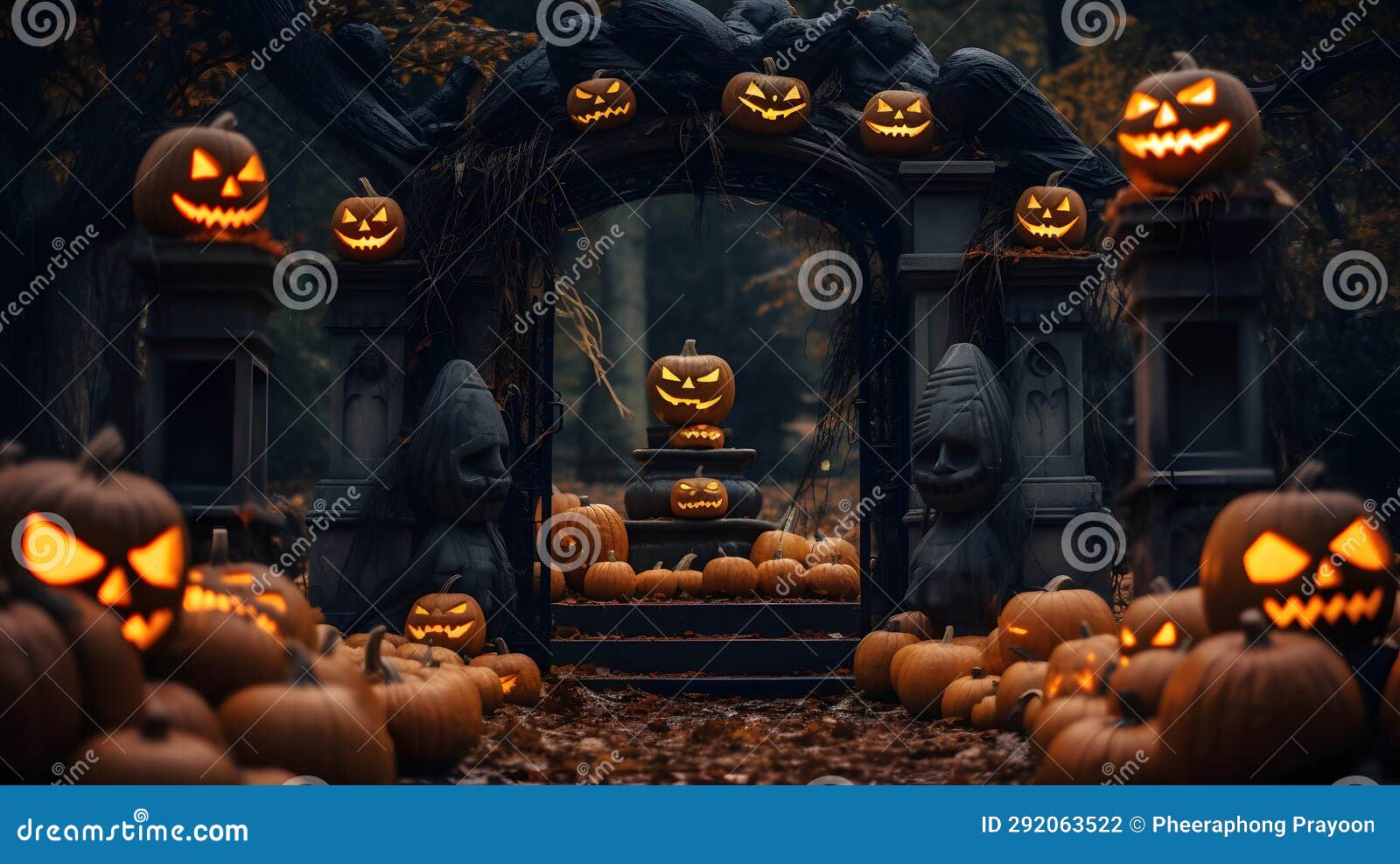 A Spooky Pumpkin Display in Front of a Haunted House, Setting the ...