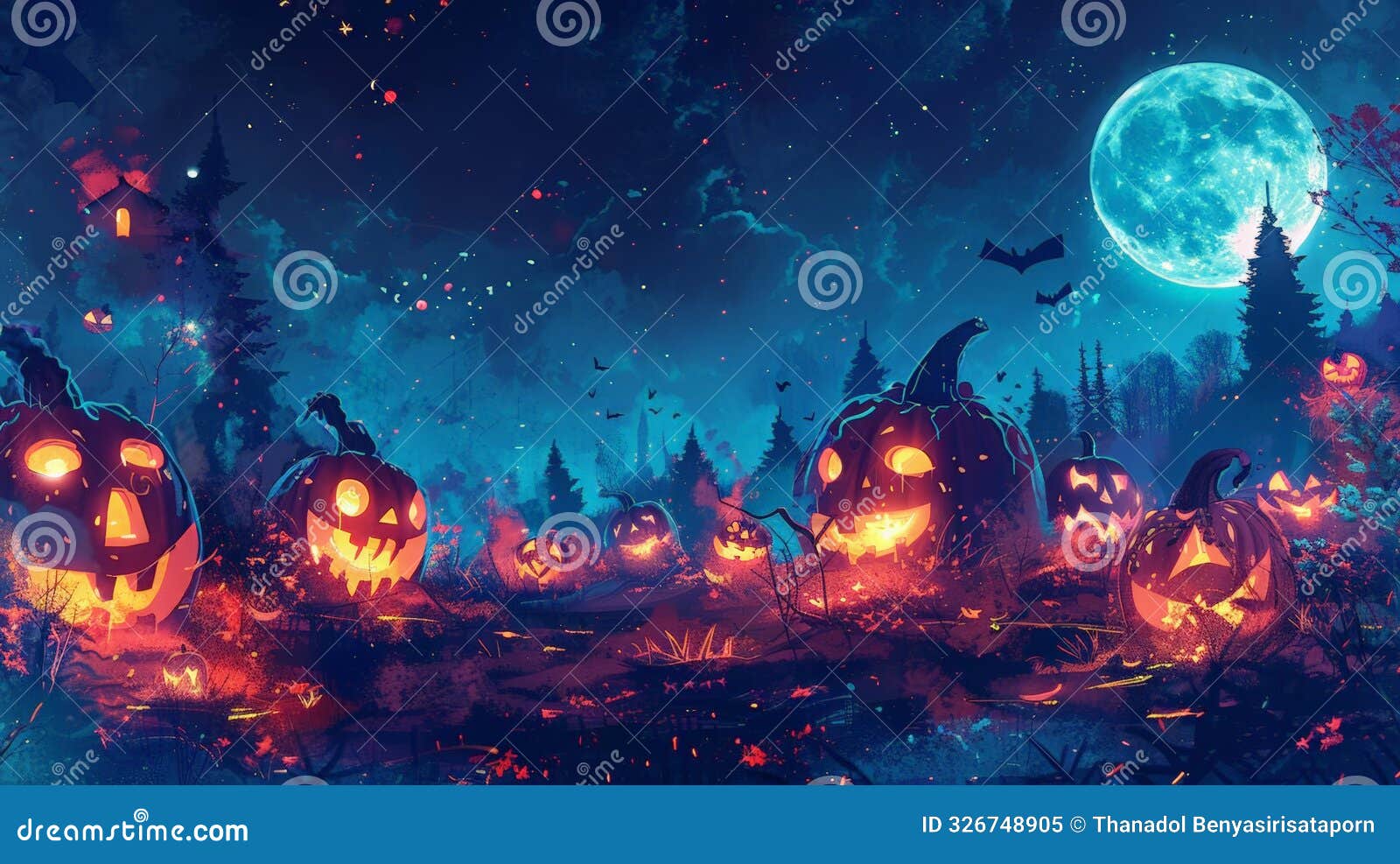 A Spooky Pumpkin Patch with Glowing Jackolanterns and a Full Moon Stock ...