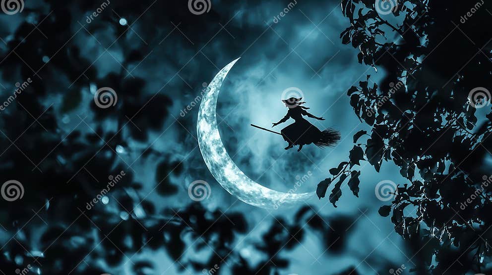A Spooky Scene Featuring a Crescent Moon with a Witch Flying on a ...