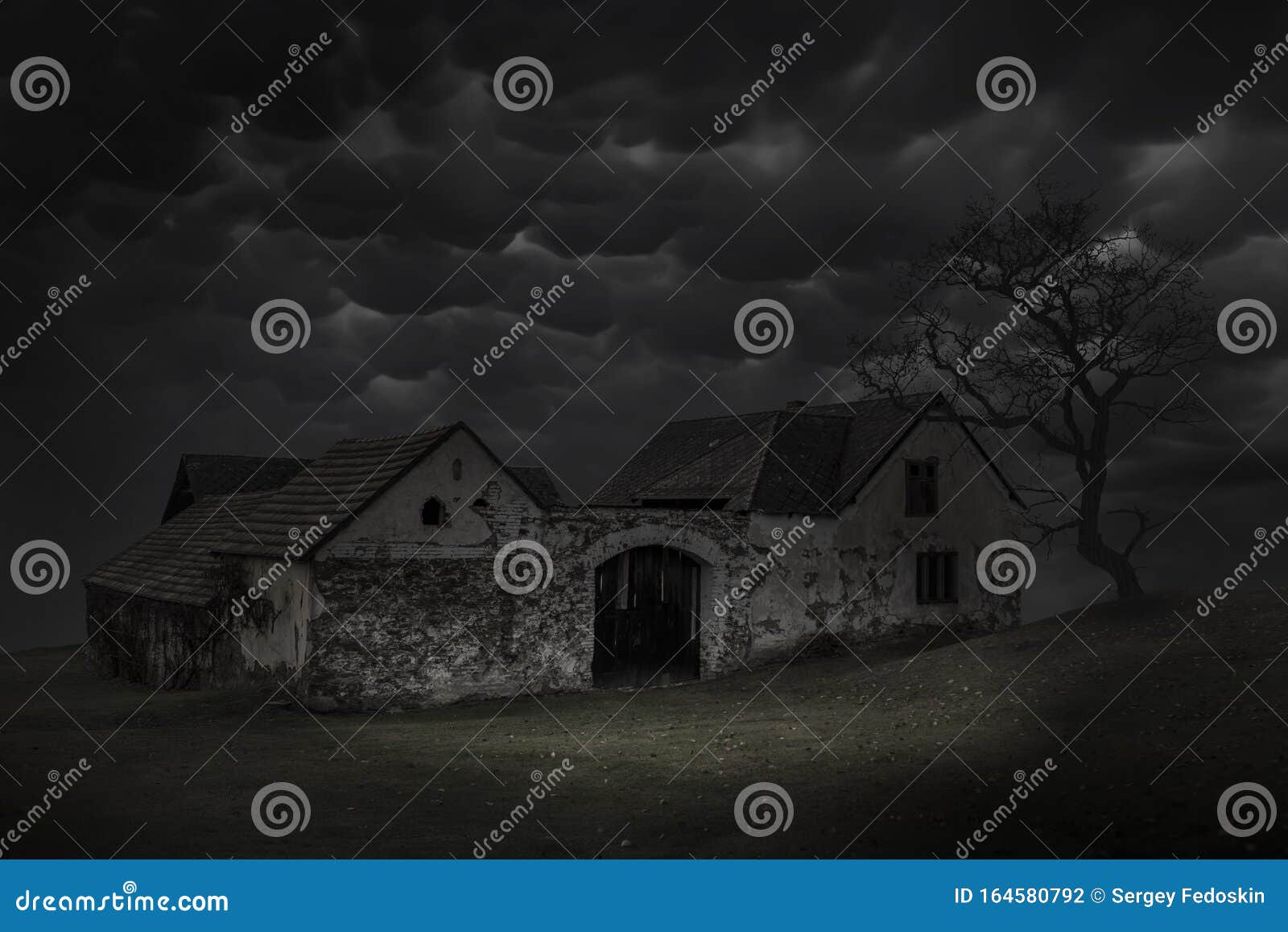 Spooky Scene With Full Moon And Tree House Royalty-Free Stock Photo ...