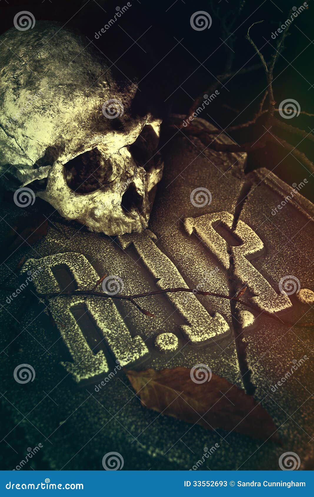 Spooky Scene with Skull and Tombstone Stock Image - Image of dark ...