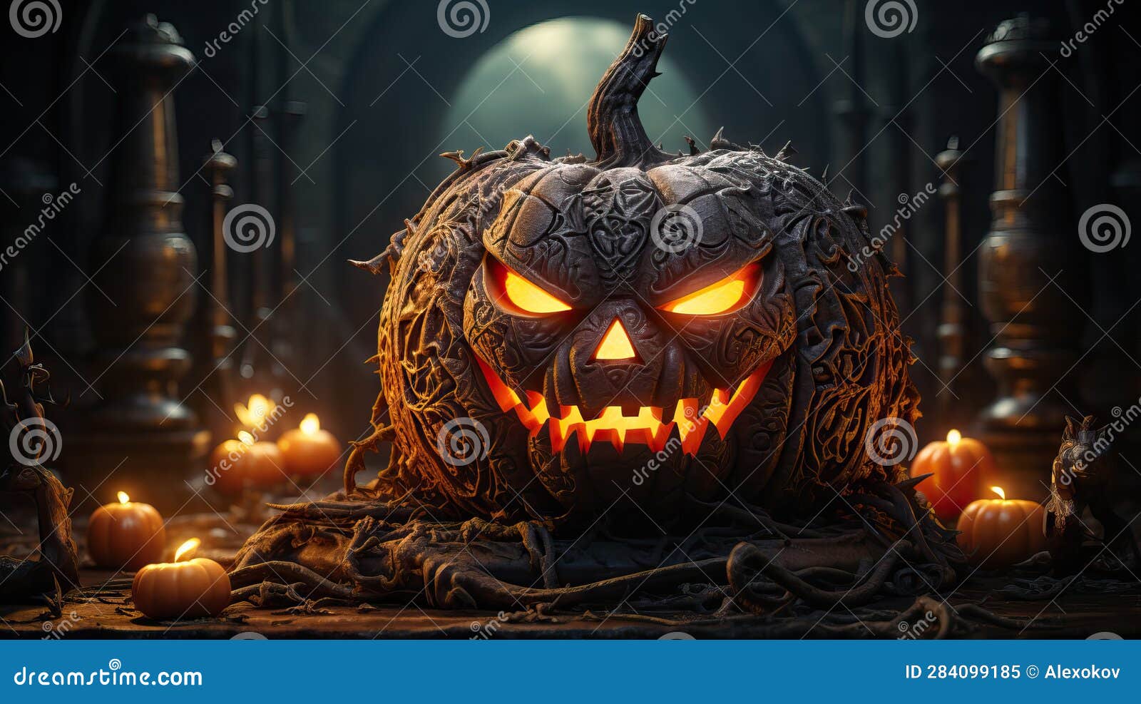 Spooky Shadow of Carved Pumpkin with Candle Inside AI Generated Stock ...