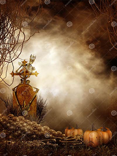 Spooky Skull Pile and Pumpkins Stock Illustration - Illustration of ...