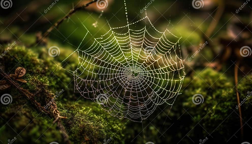 Spooky Spider Web Traps Dew Drops in Autumn Forest Meadow Generated by ...