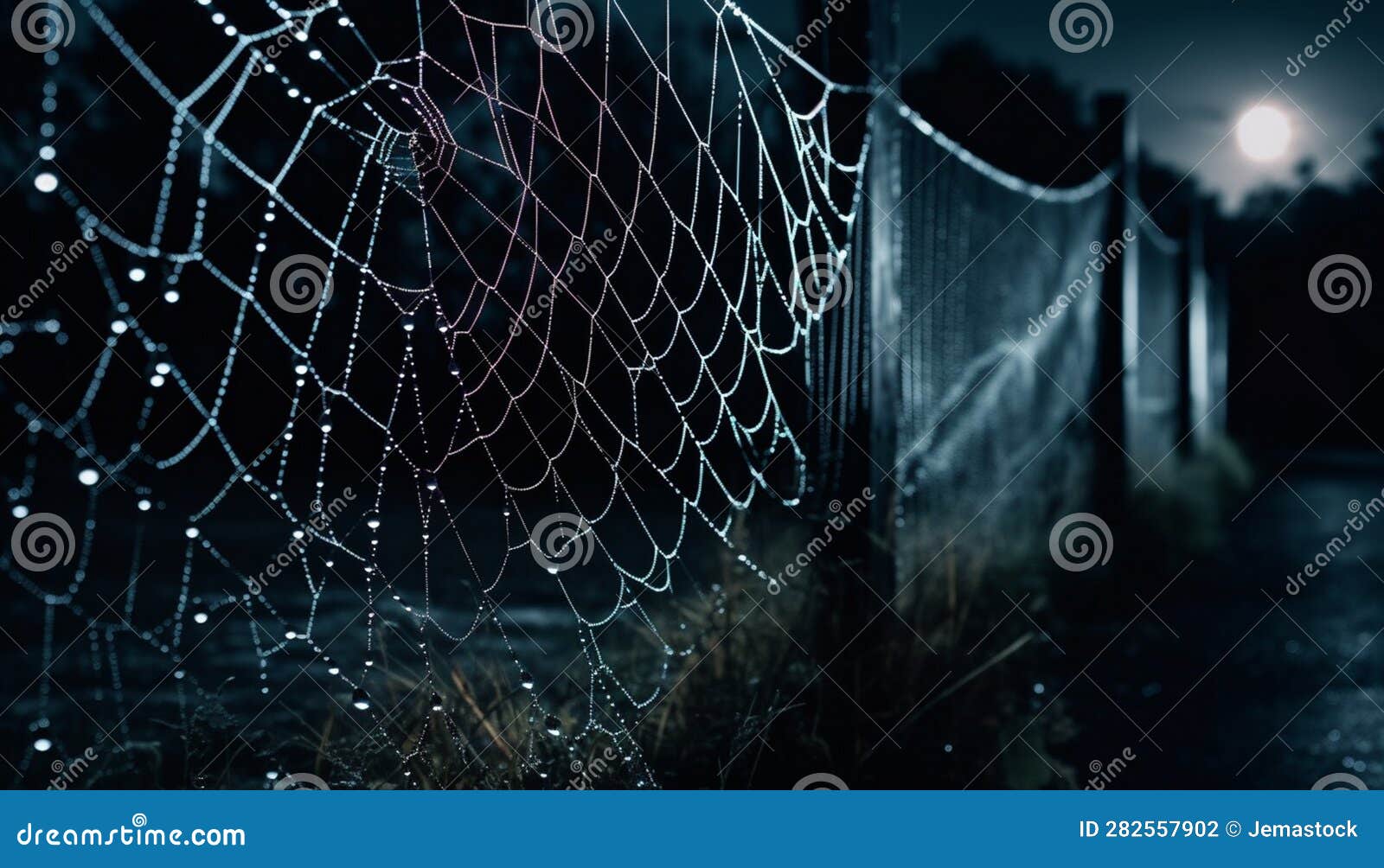 Spooky Spider Web Traps Dew Drops in the Dark Forest Generated by AI ...