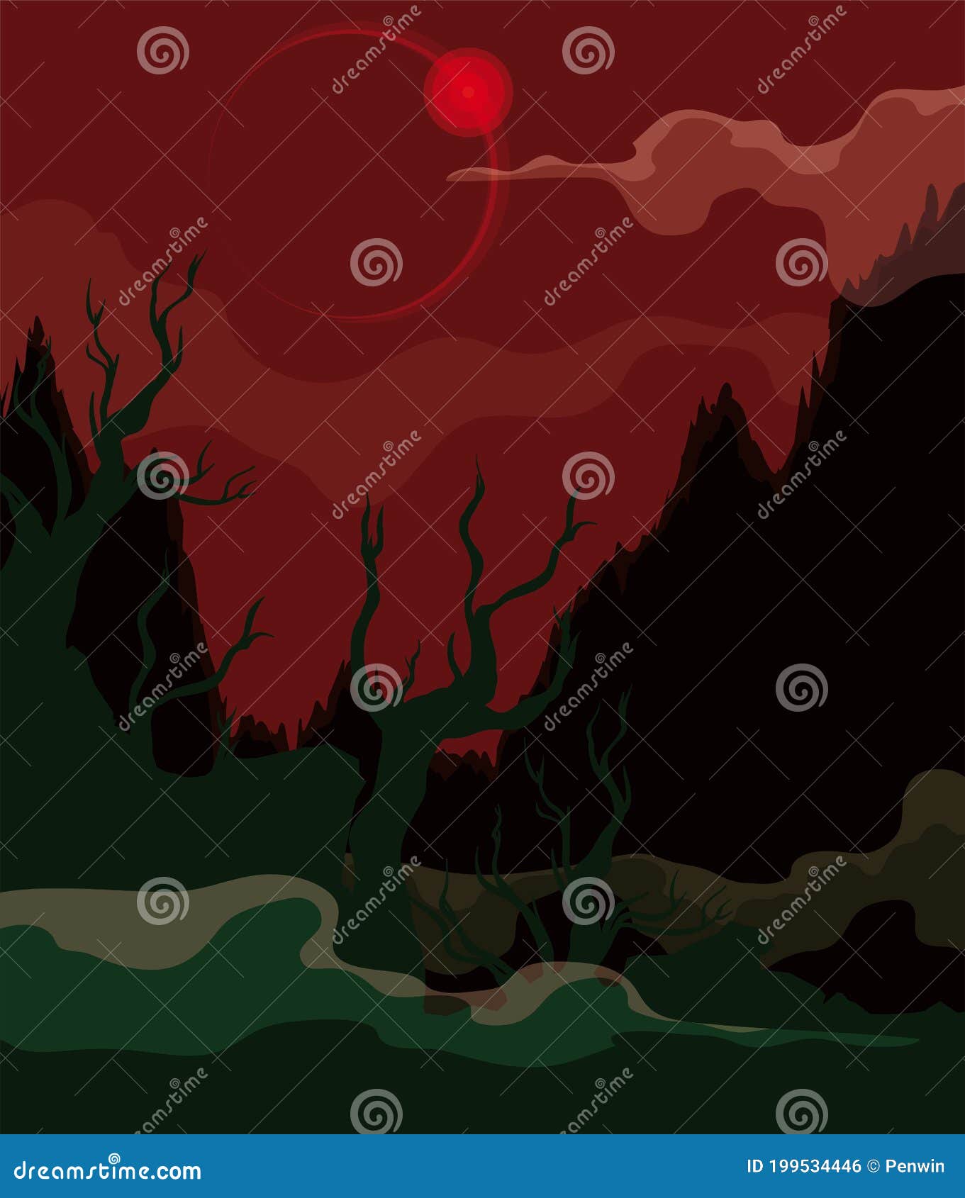 Spooky View of a Solar Eclipse with Red Sky, Vector Illustration Stock ...