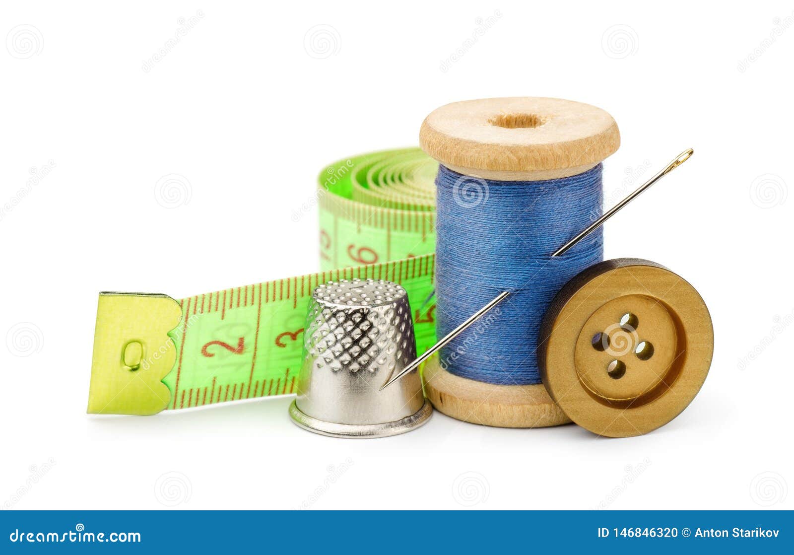 Thread, Needle, Button, Measuring Tape and Thimble Stock Photo - Image ...