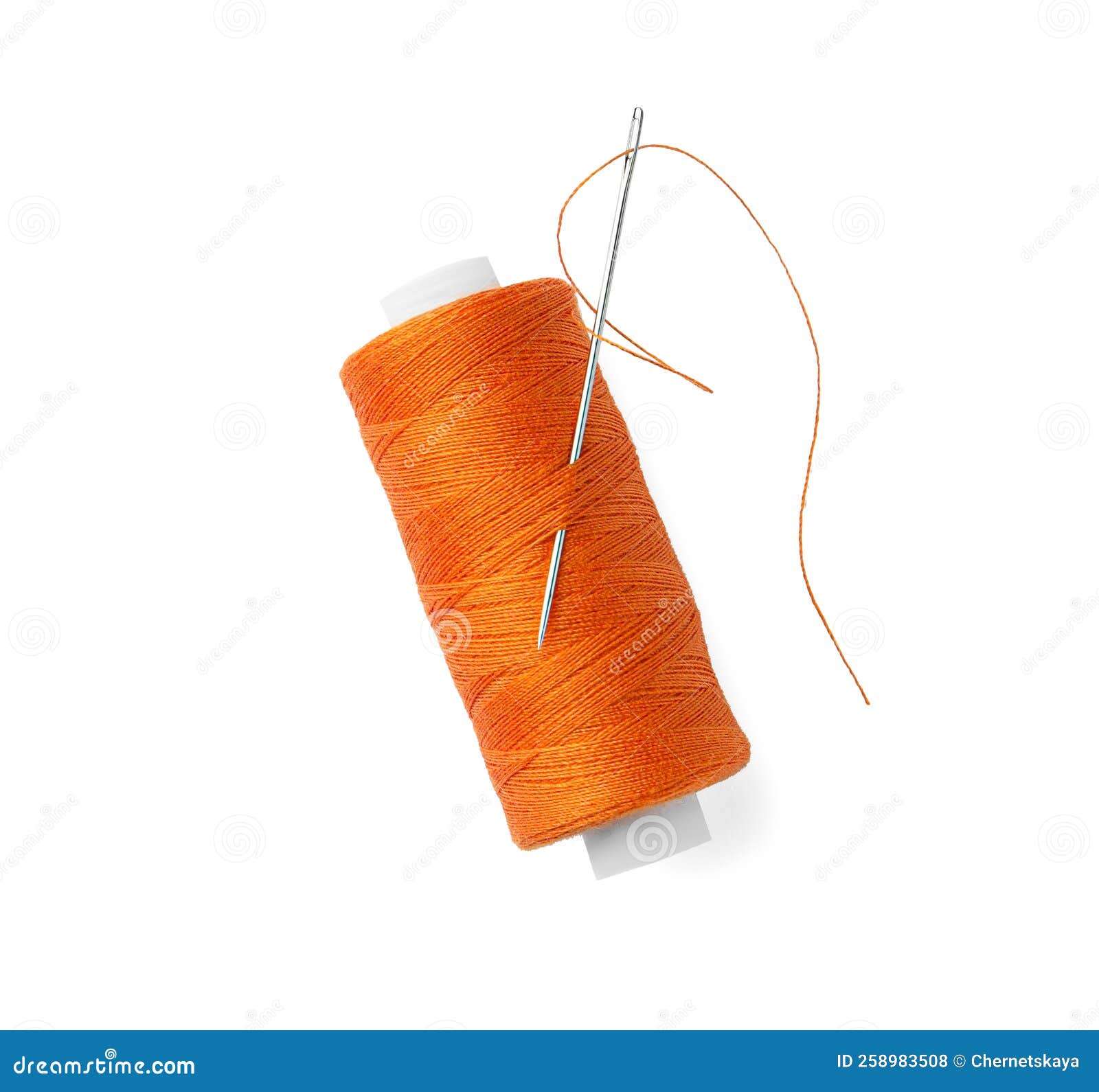 Spool of Orange Sewing Thread with Needle Isolated on White, Top View ...
