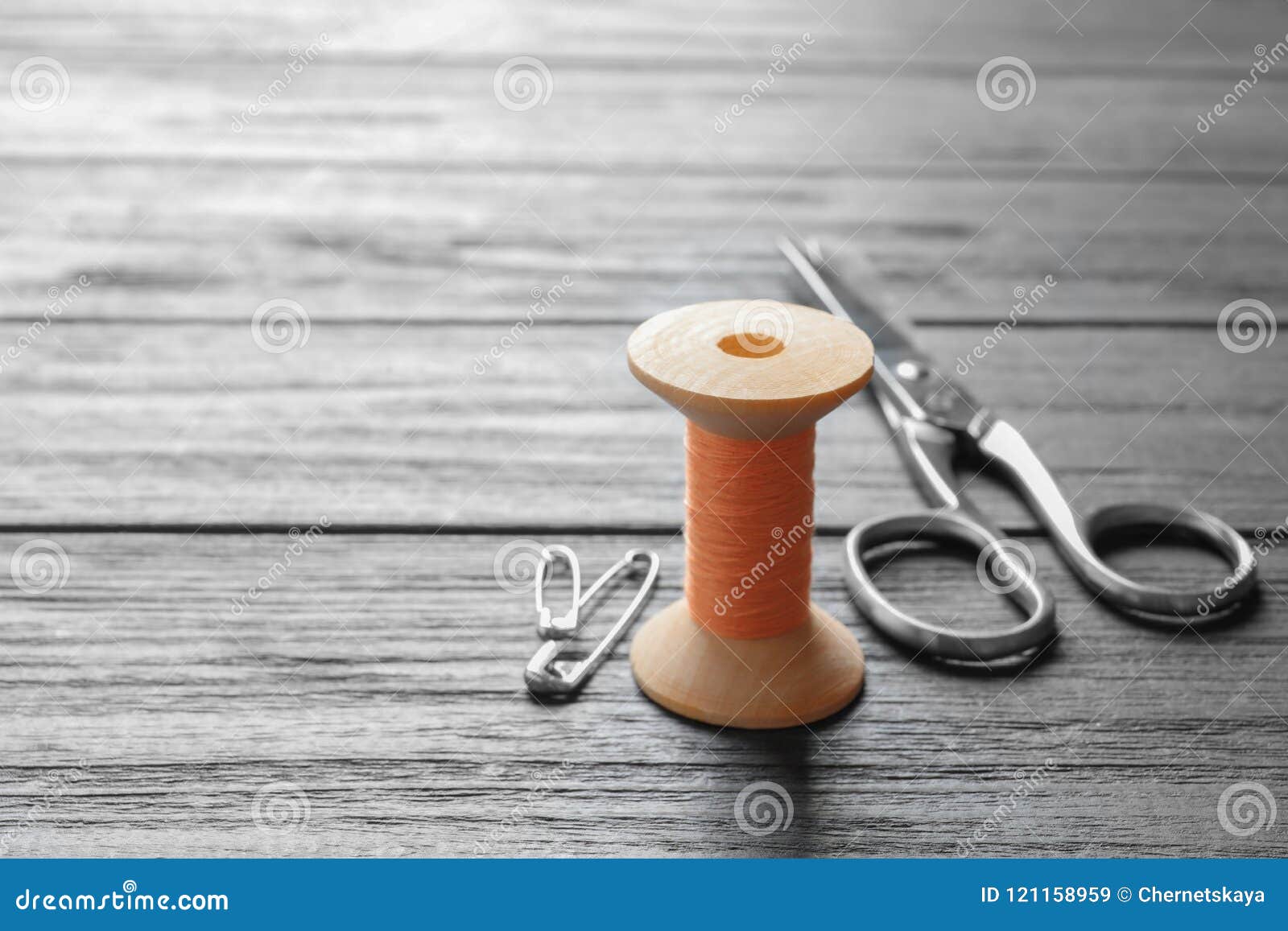Spool of Thread, Scissors and Pins Stock Image - Image of designer ...