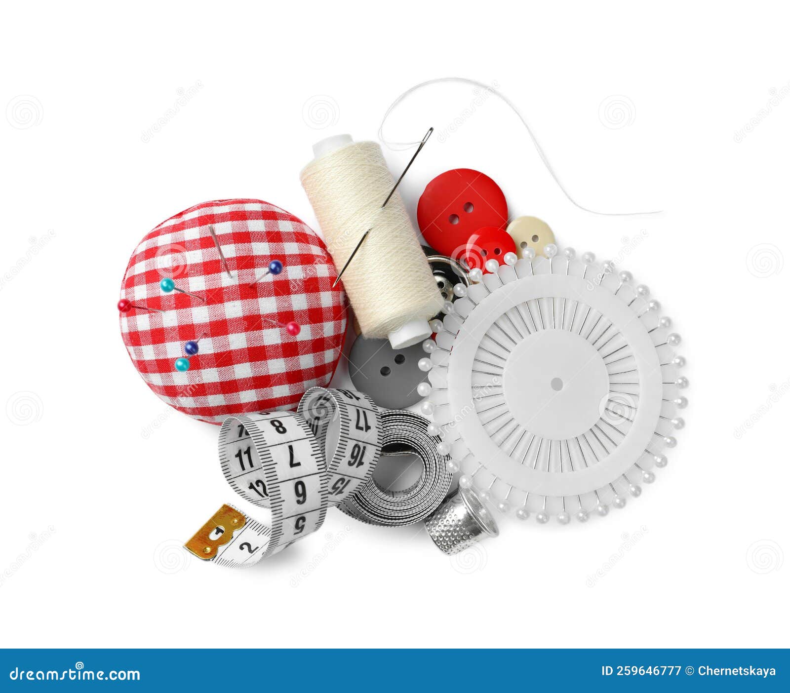 Spool of Thread and Sewing Tools on White Background, Top View Stock ...