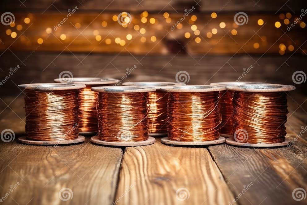 Spools of Copper Wire on a Wooden Backdrop Stock Photo - Image of ...