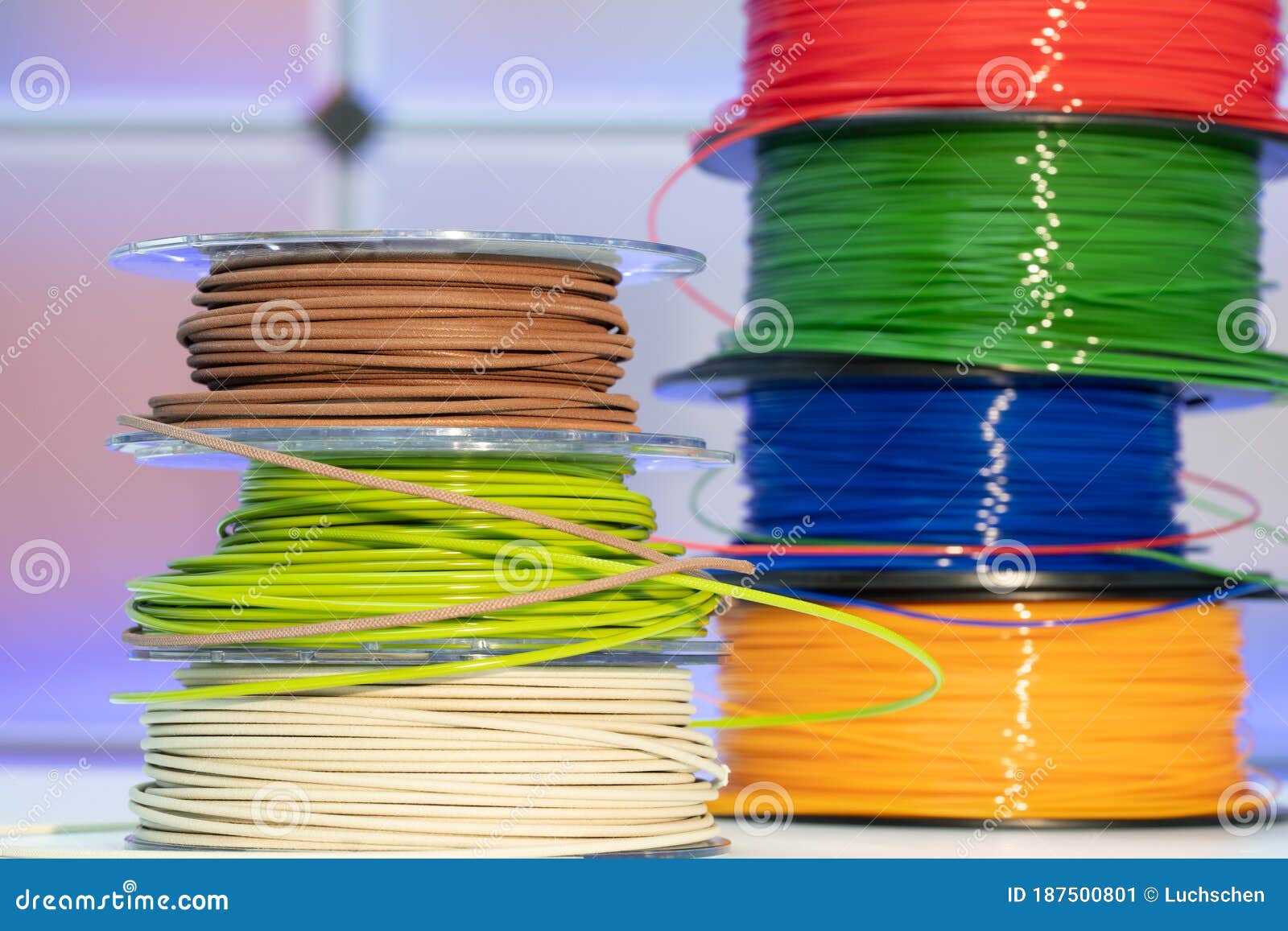 Spools of Plastic Filaments for 3D Printer Stock Image - Image of blue ...