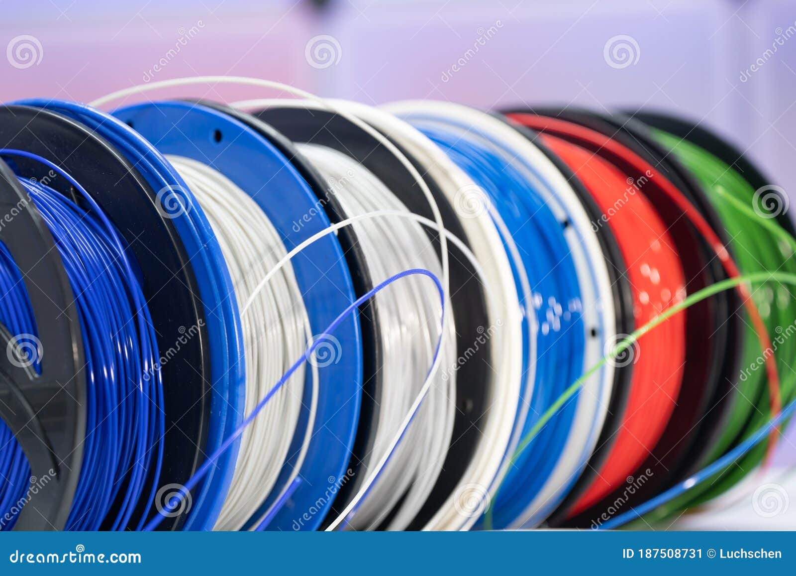 Spools of Plastic Filaments for 3D Printer Stock Image - Image of blue ...