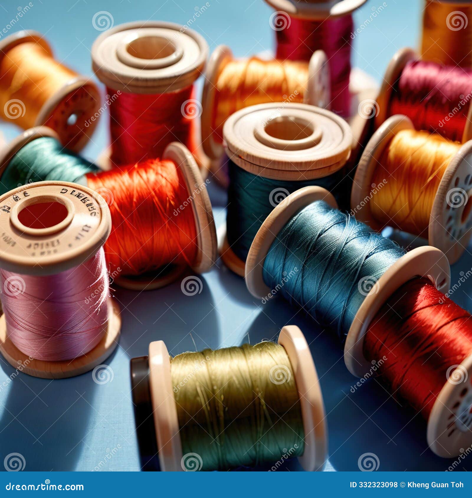 Spools of Thread and Buttons on Light Blue Background Stock ...