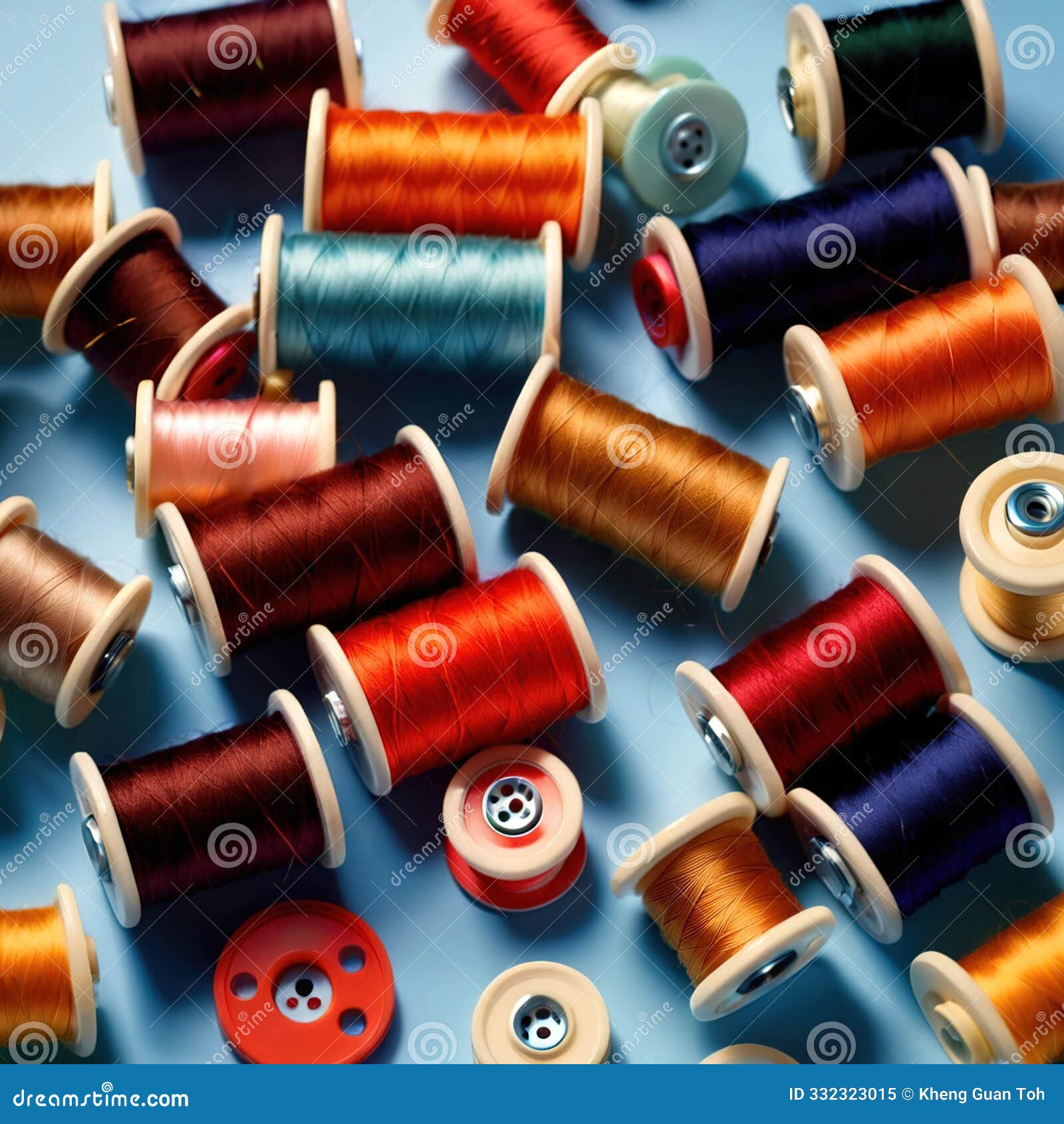 Spools of Thread and Buttons on Light Blue Background Stock ...