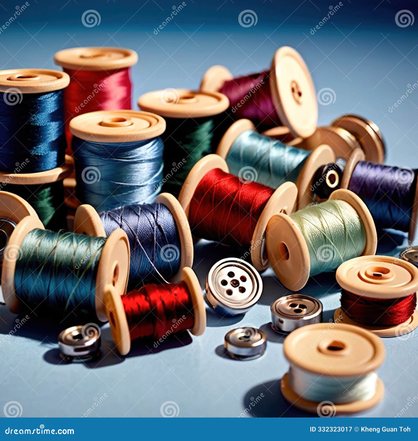 Spools of Thread and Buttons on Light Blue Background Stock ...