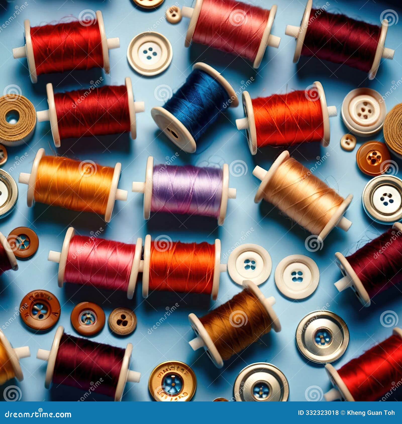 Spools of Thread and Buttons on Light Blue Background Stock ...