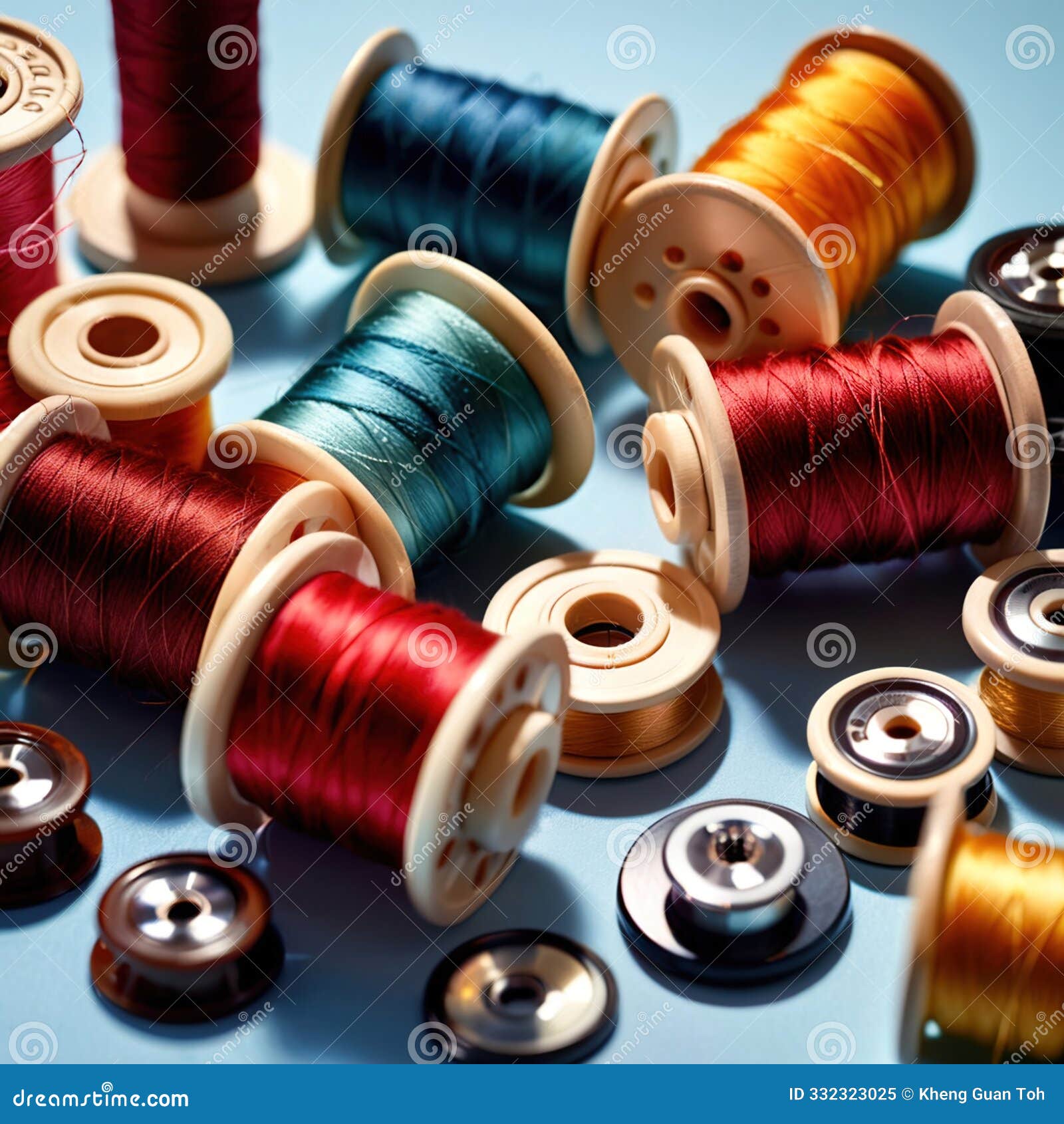 Spools of Thread and Buttons on Light Blue Background Stock ...