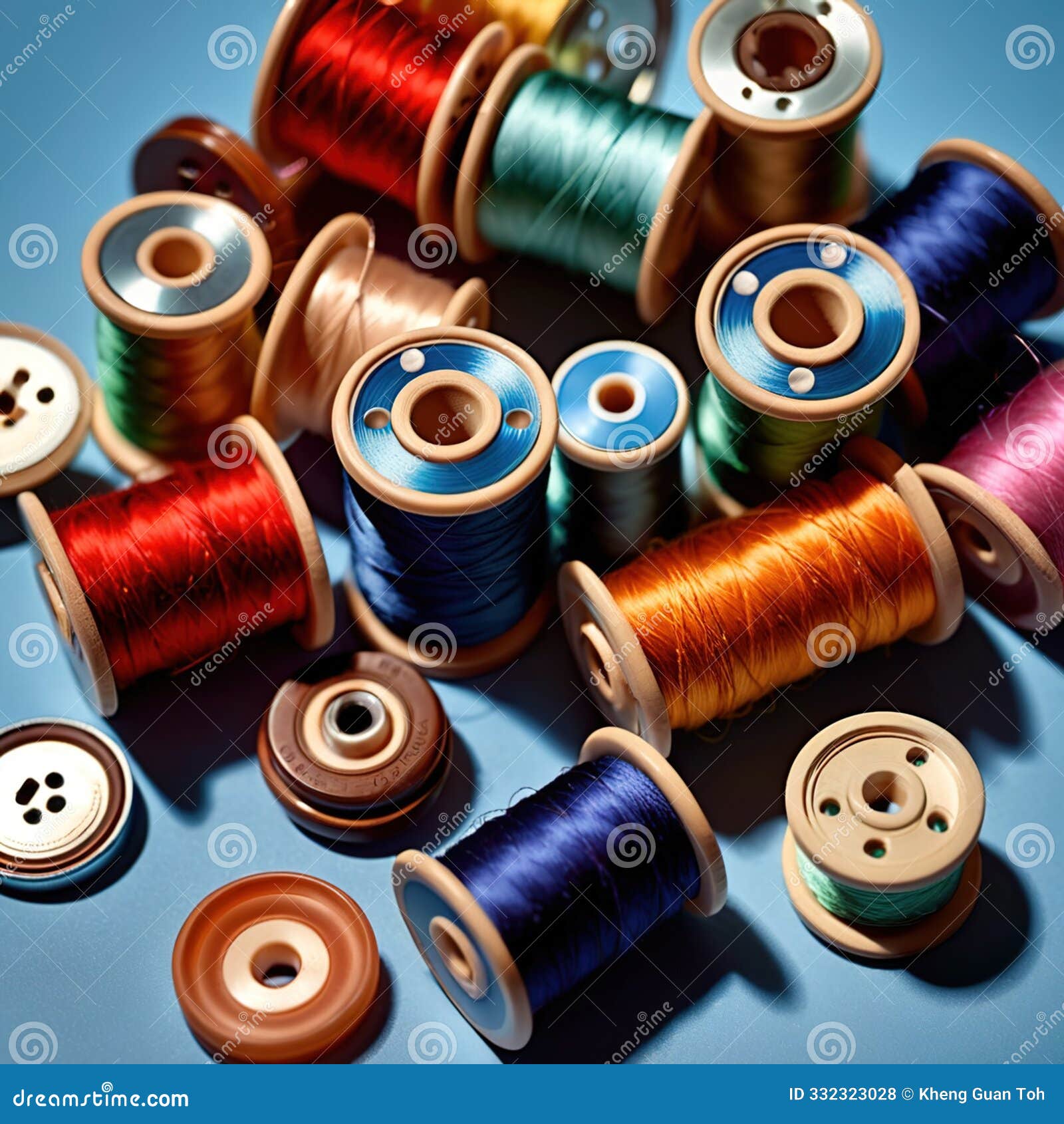Spools of Thread and Buttons on Light Blue Background Stock ...
