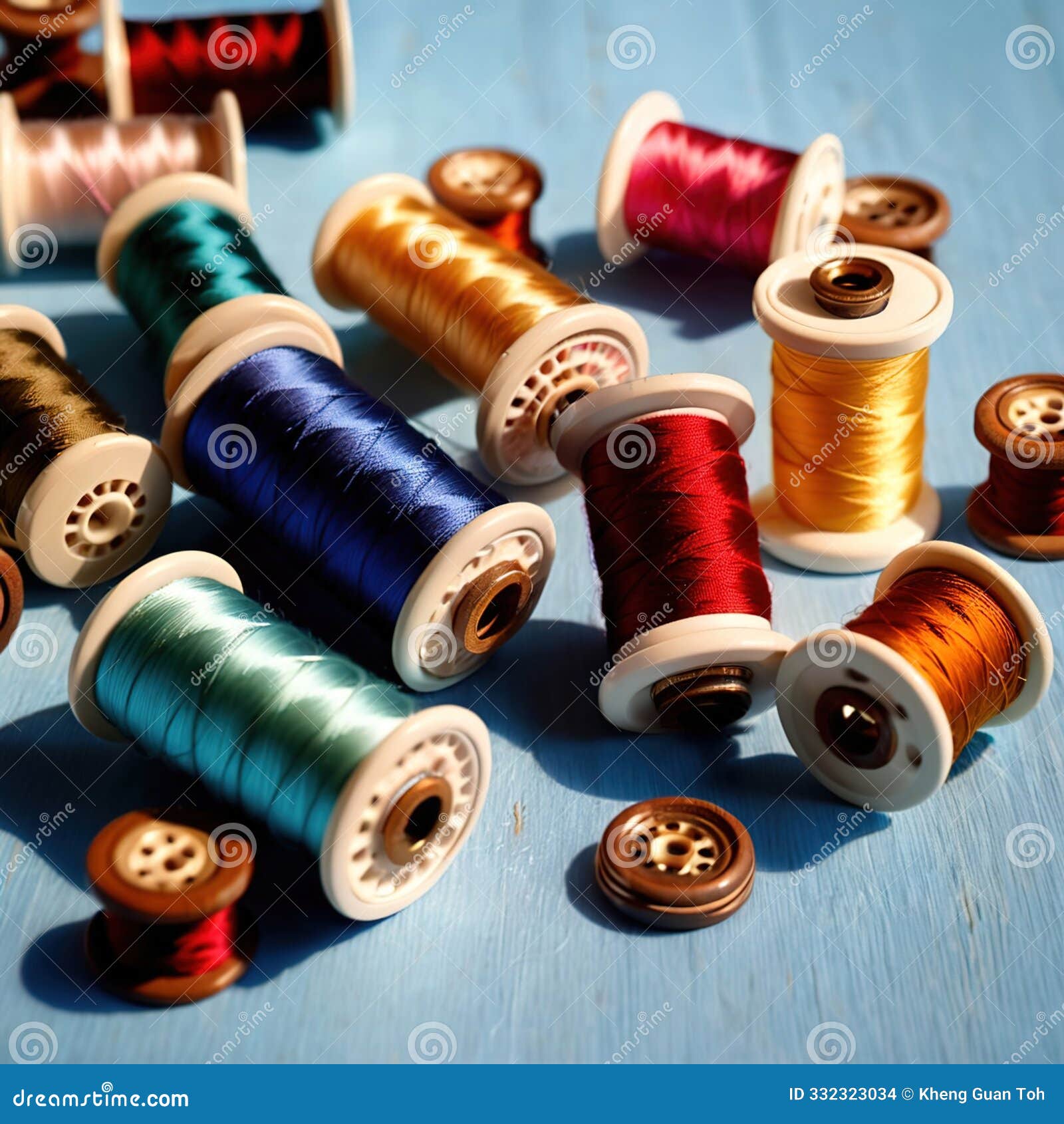 Spools of Thread and Buttons on Light Blue Background Stock ...