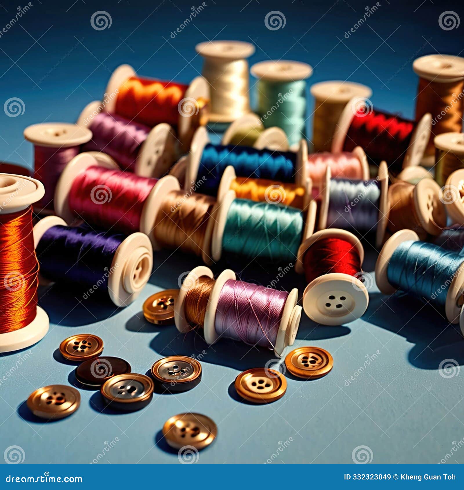 Spools of Thread and Buttons on Light Blue Background Stock ...