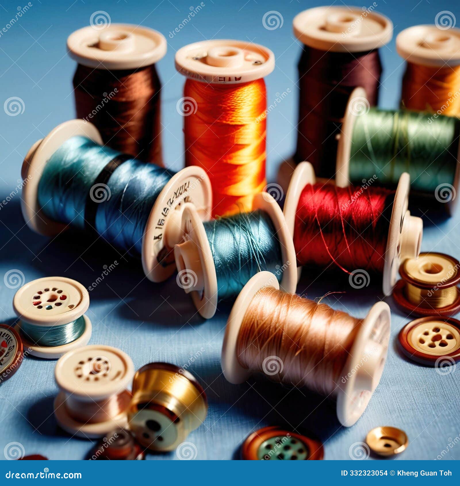 Spools of Thread and Buttons on Light Blue Background Stock ...