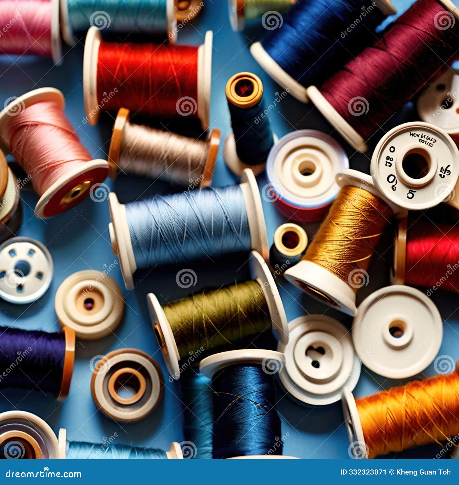 Spools of Thread and Buttons on Light Blue Background Stock ...