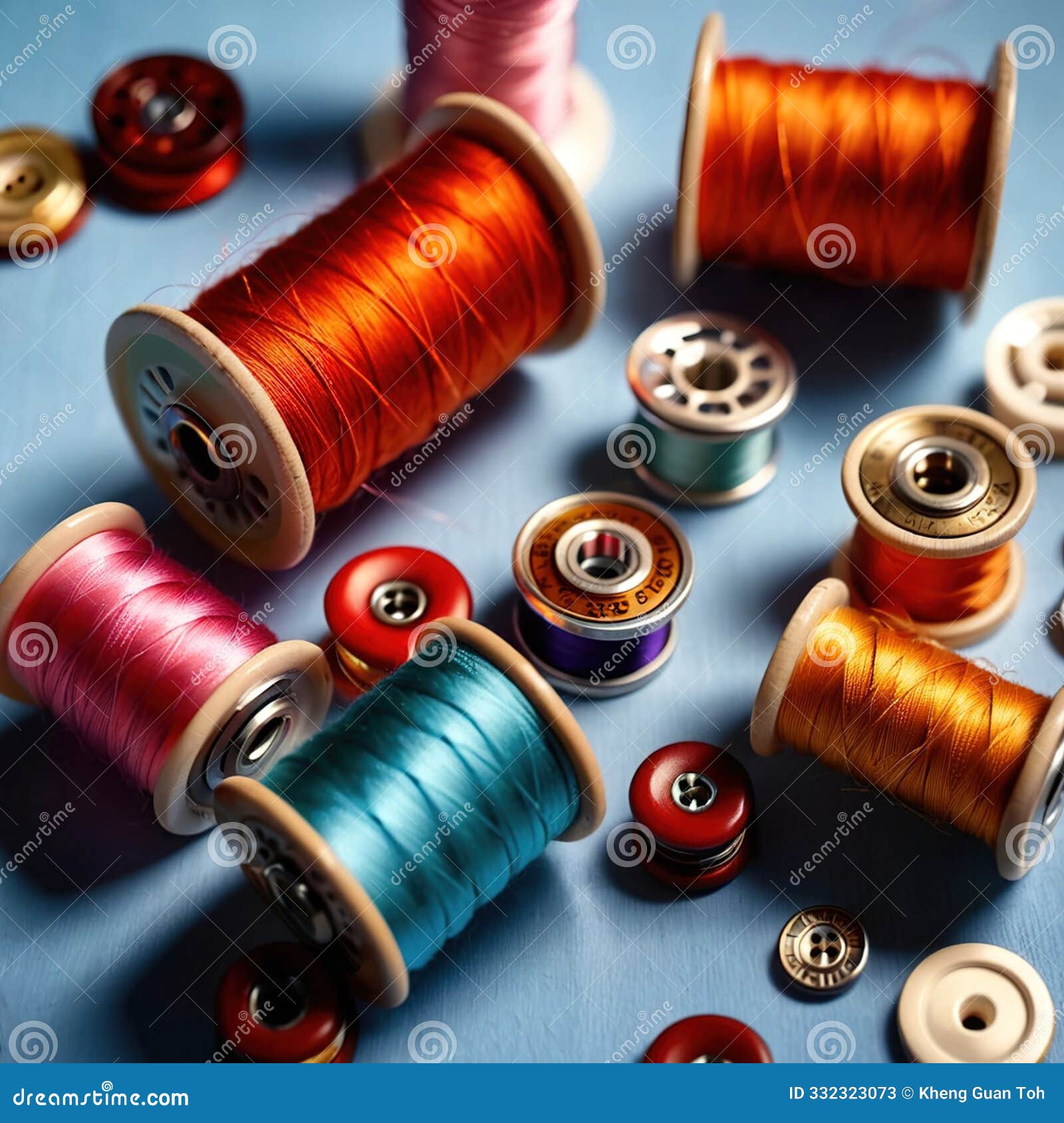 Spools of Thread and Buttons on Light Blue Background Stock ...