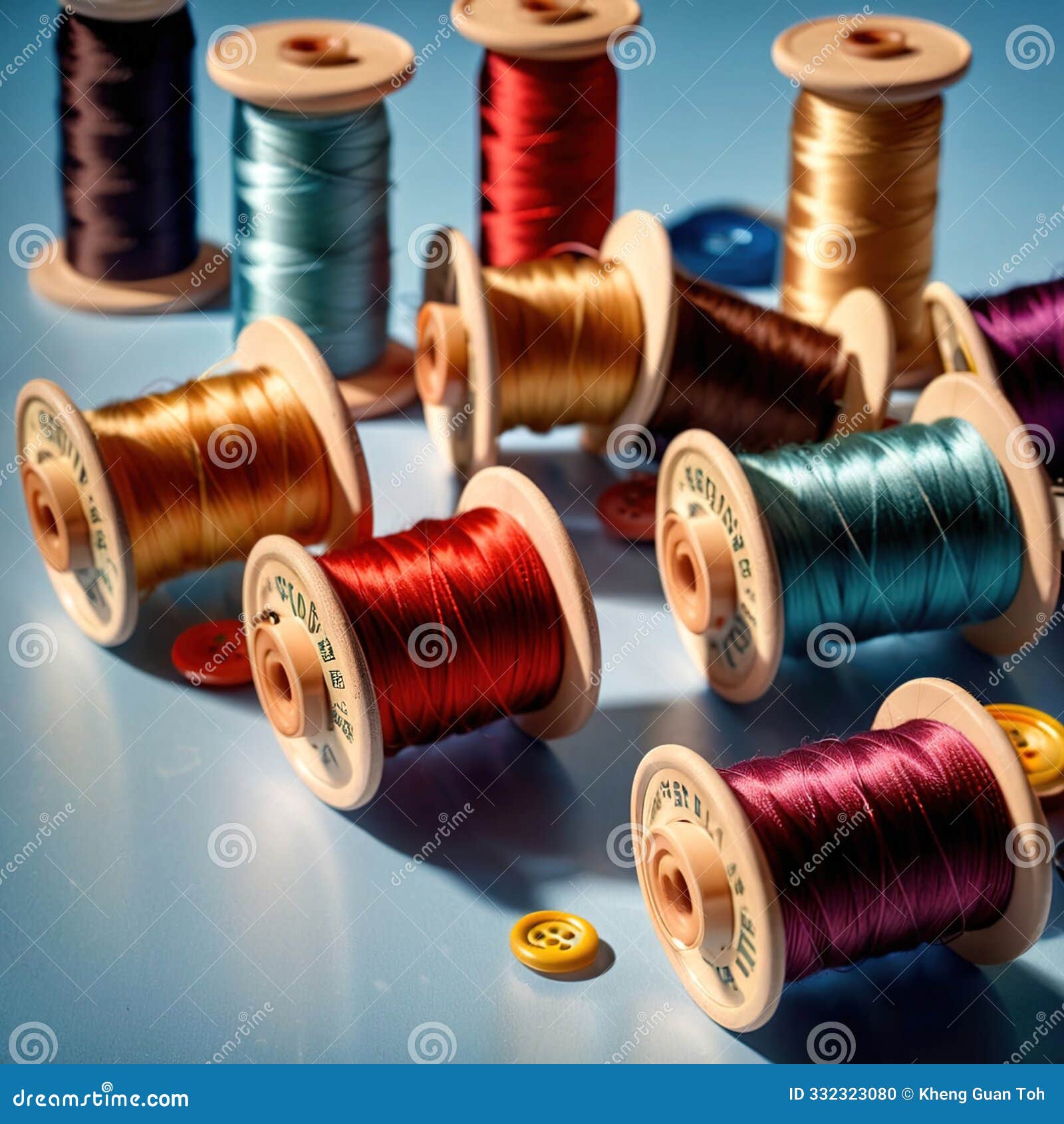 Spools of Thread and Buttons on Light Blue Background Stock ...