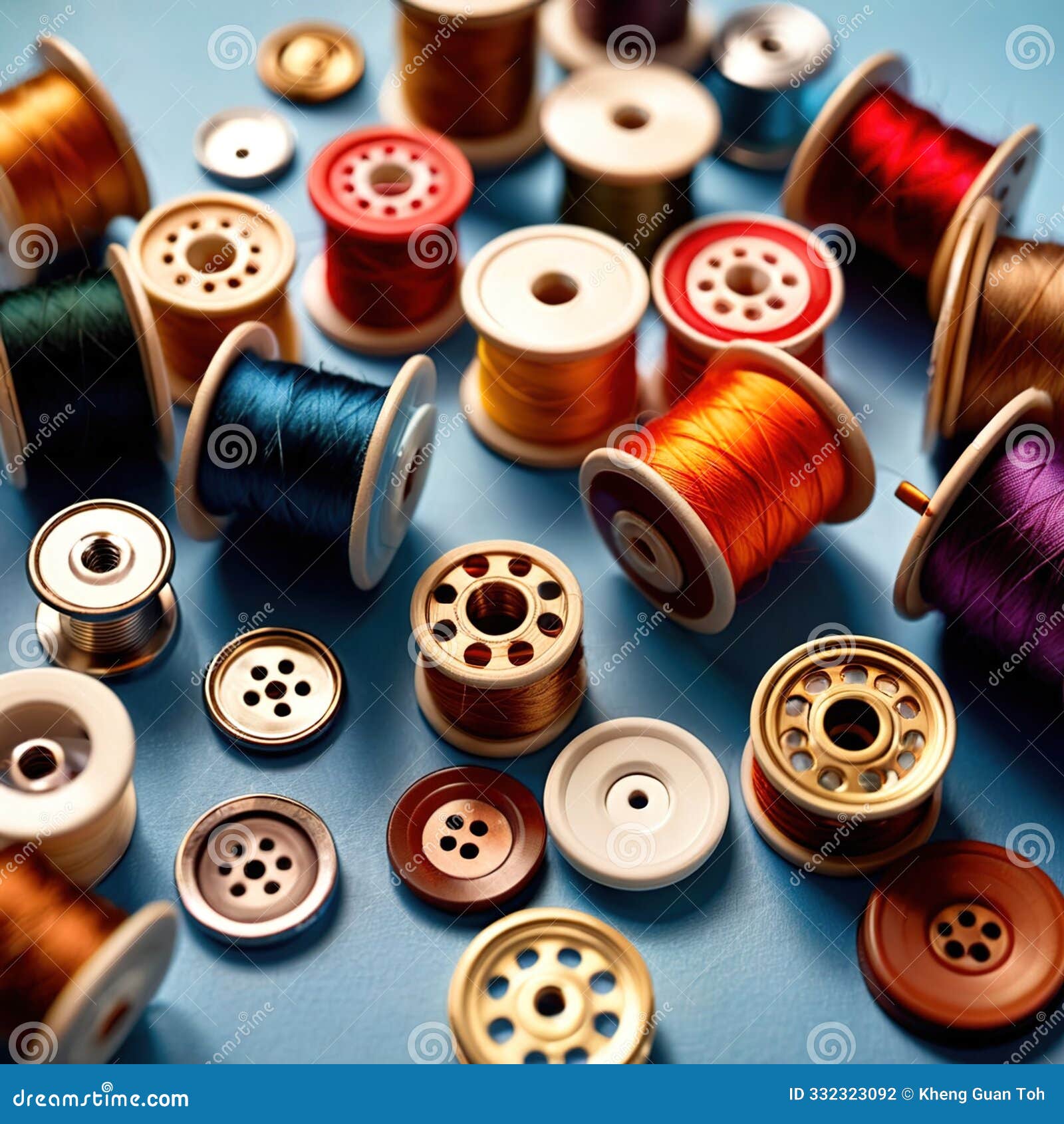 Spools of Thread and Buttons on Light Blue Background Stock ...