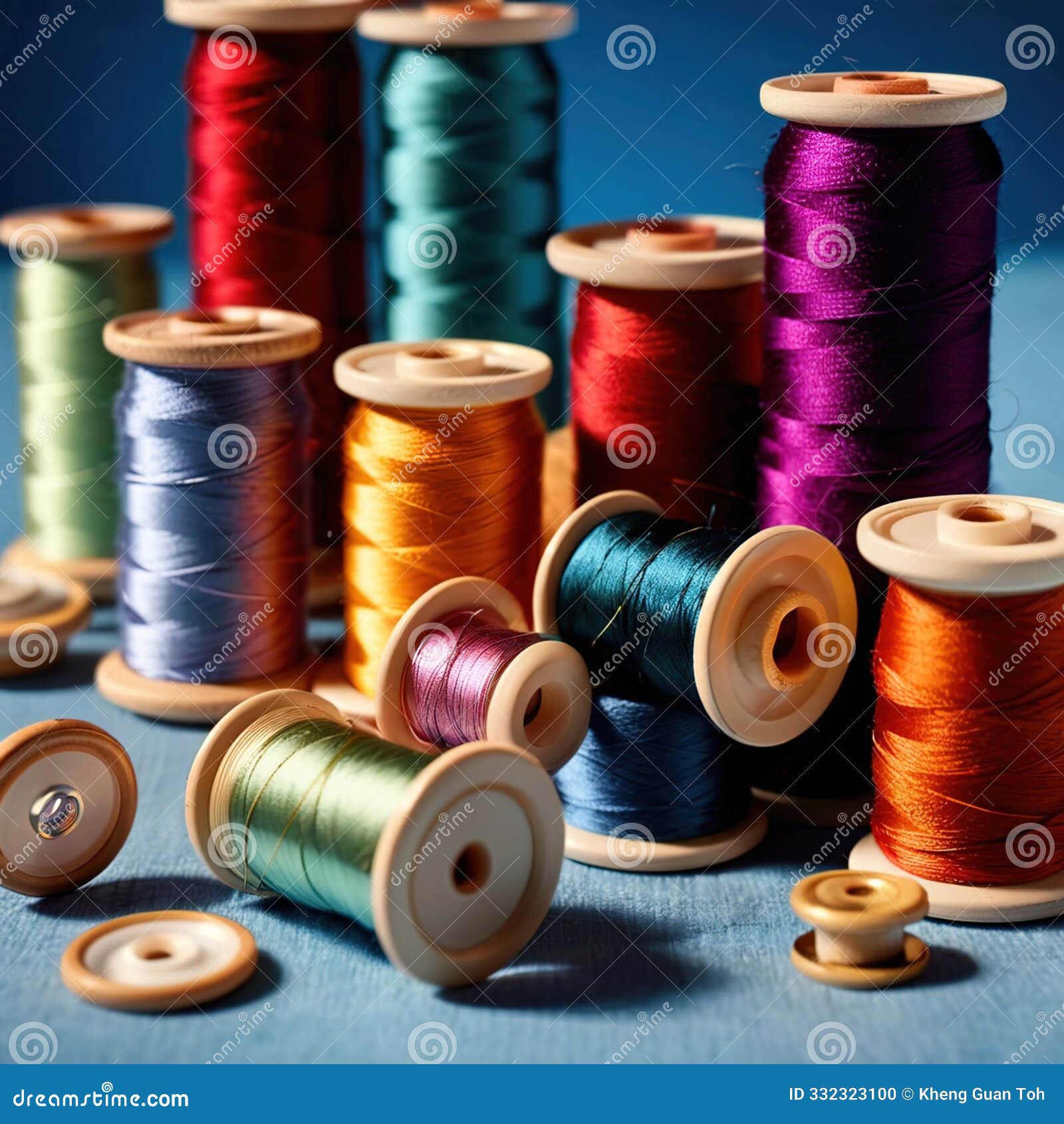Spools of Thread and Buttons on Light Blue Background Stock ...