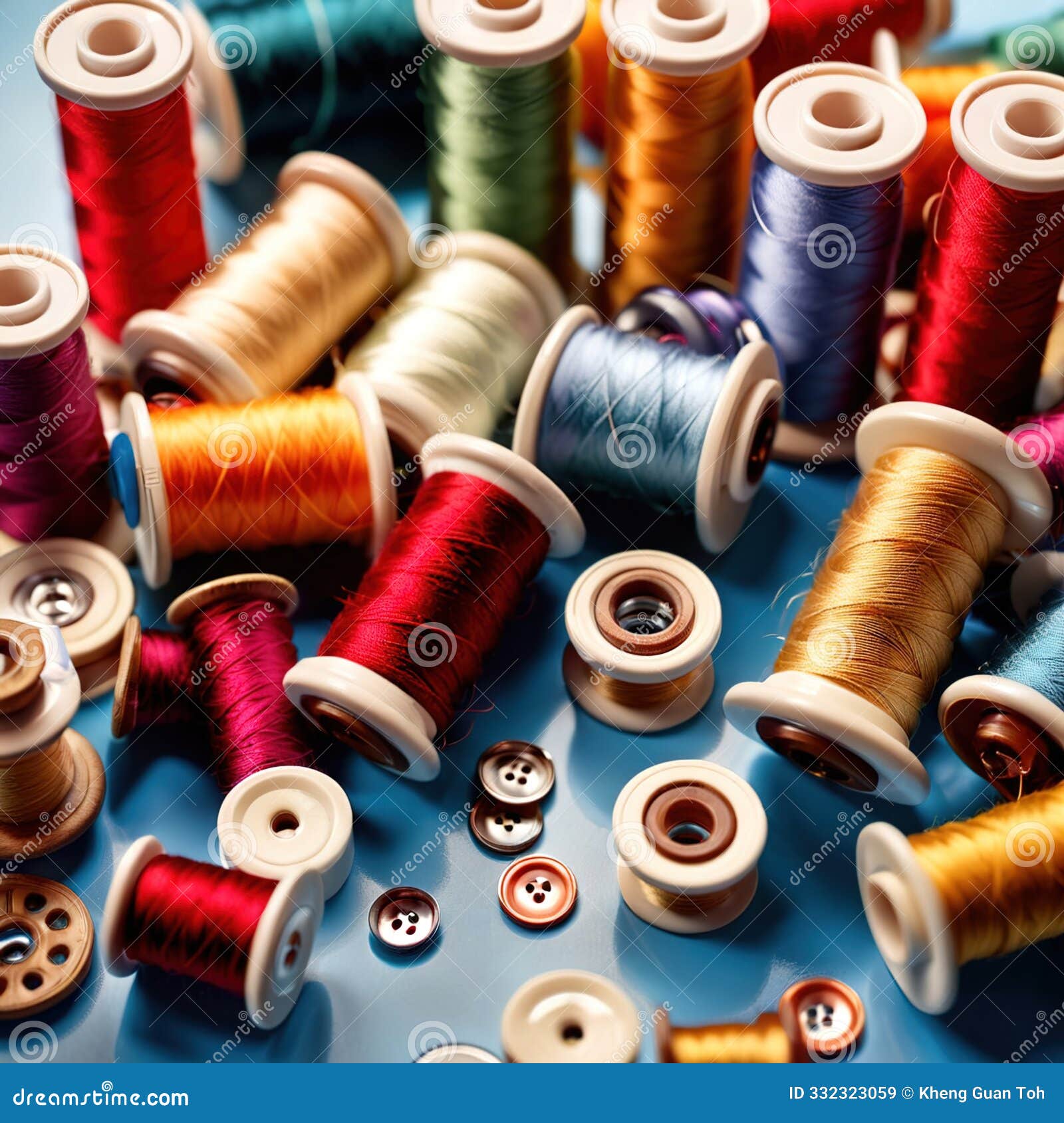 Spools of Thread and Buttons on Light Blue Background Stock ...
