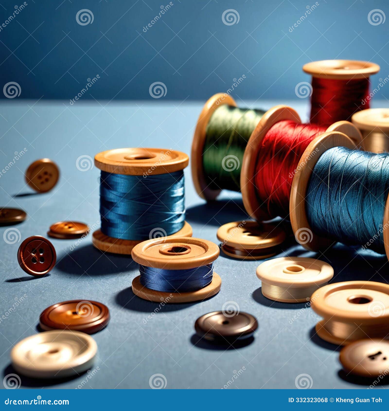 Spools of Thread and Buttons on Light Blue Background Stock ...