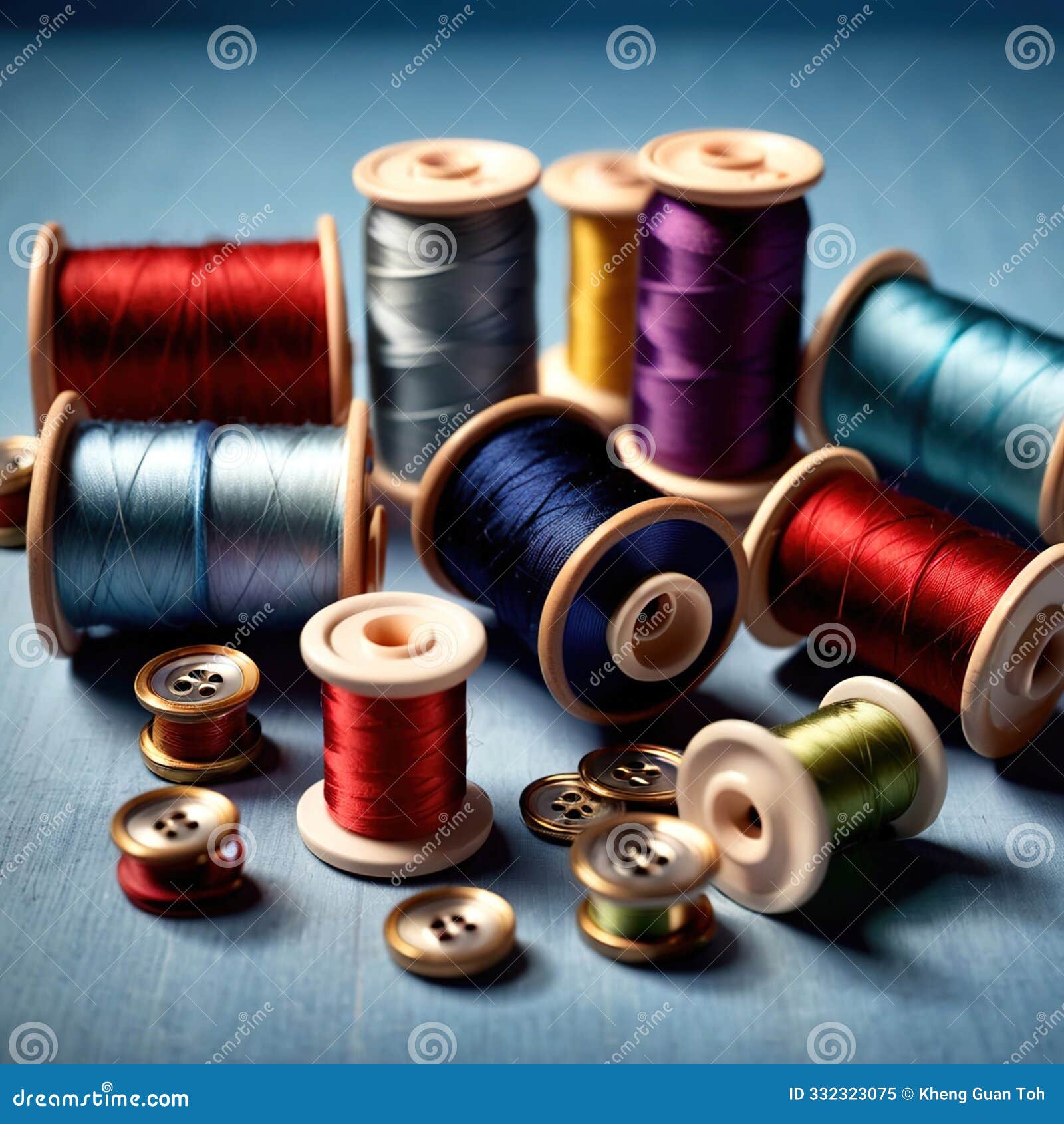 Spools of Thread and Buttons on Light Blue Background Stock ...