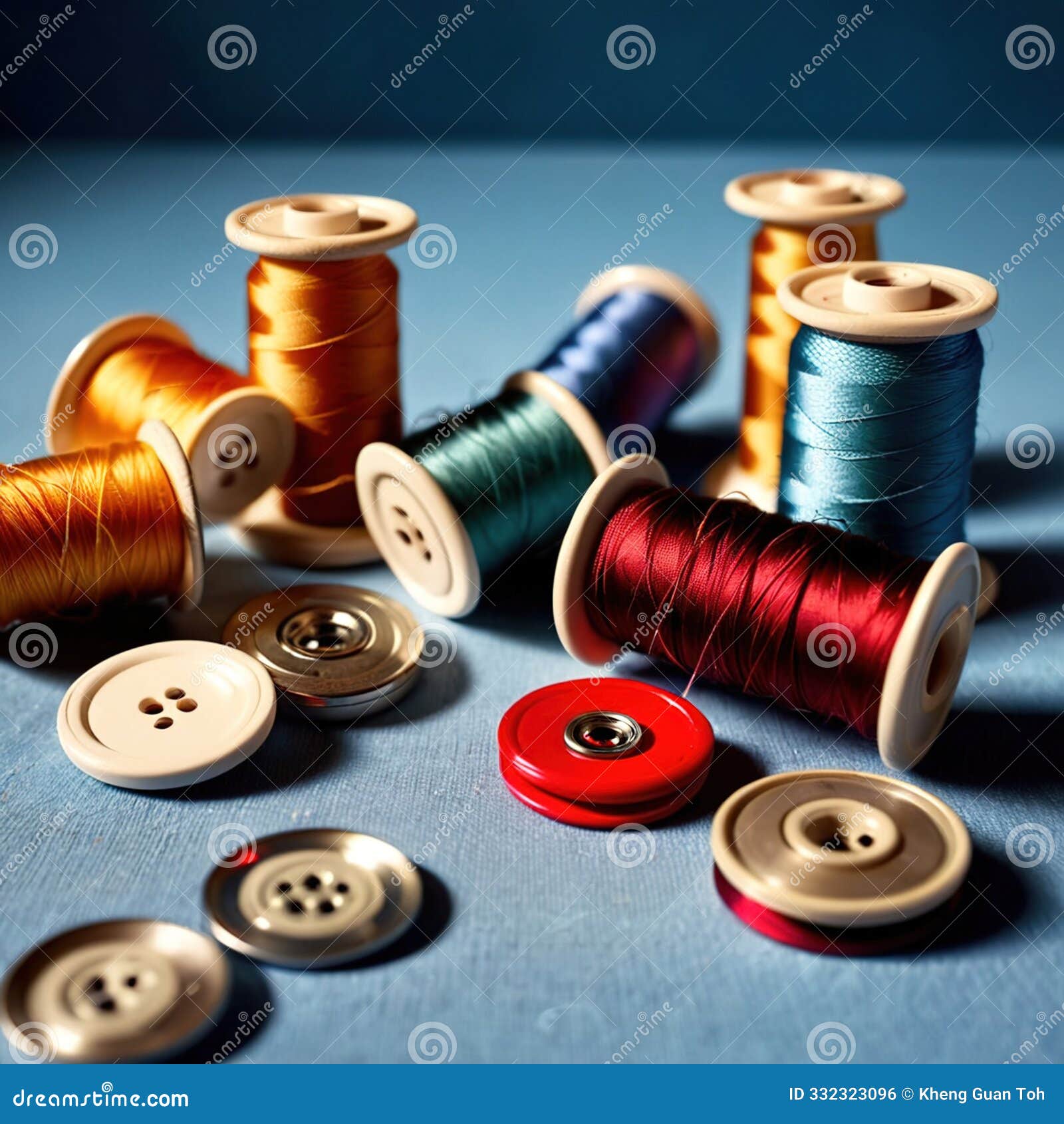 Spools of Thread and Buttons on Light Blue Background Stock ...