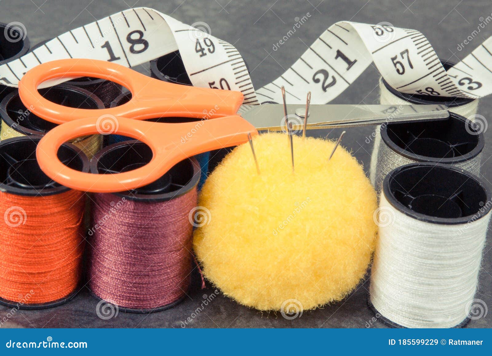 Spools of Thread, Needle, Tape Measure and Scissors. Accessories for ...