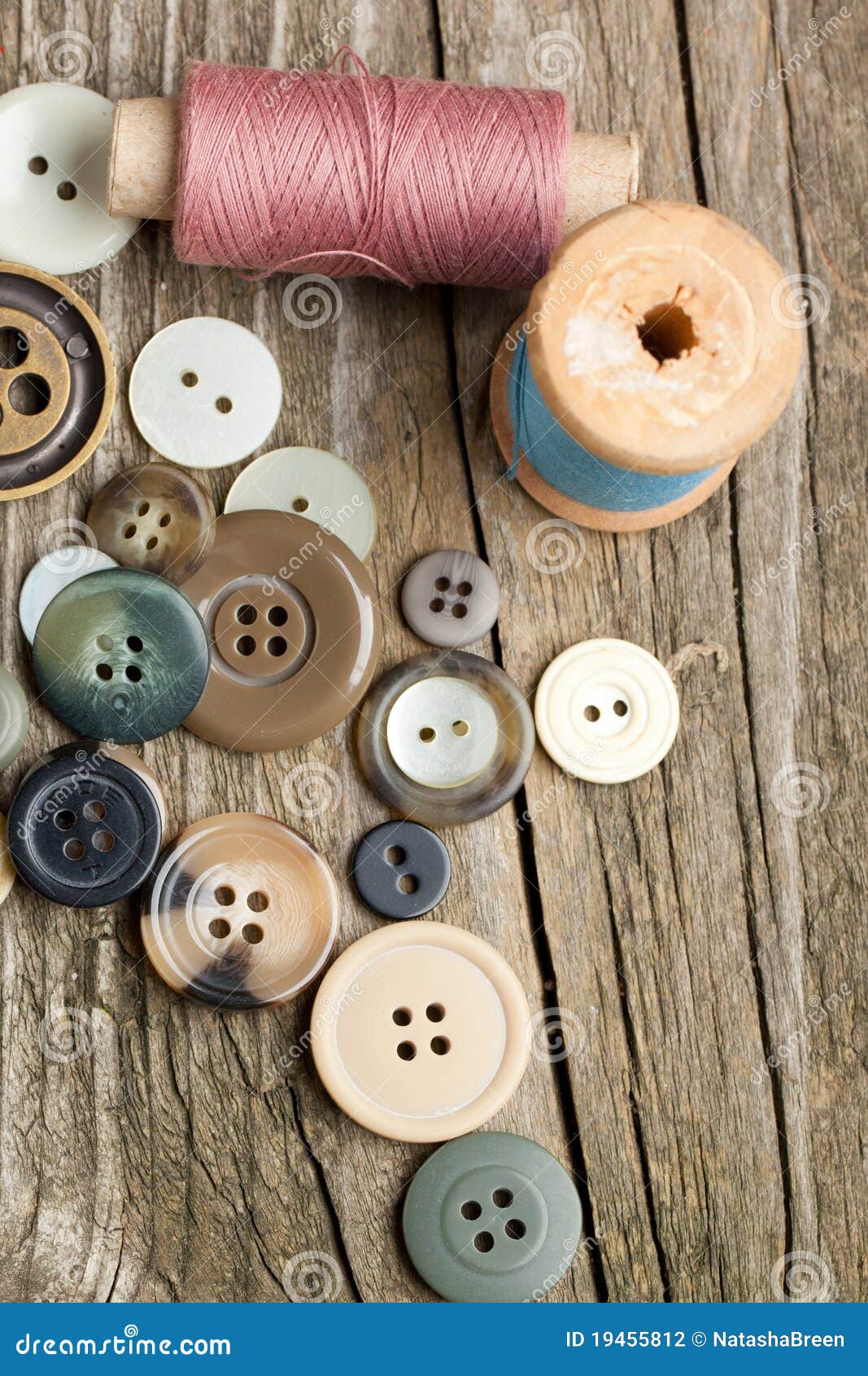 Spools of Threads and Buttons Stock Photo - Image of fiber, bobbin ...