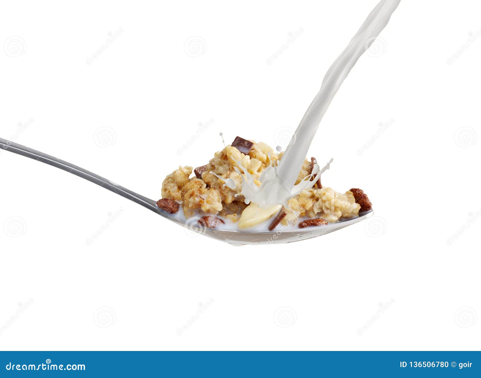 Spoon with cereal and milk stock photo. Image of fruit - 136506780