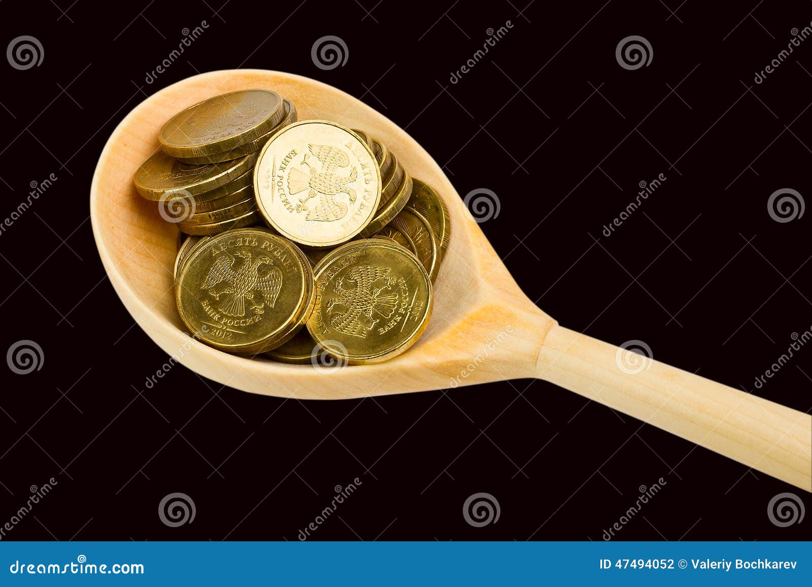 Spoon with Coins on a Black Background Stock Photo - Image of ...