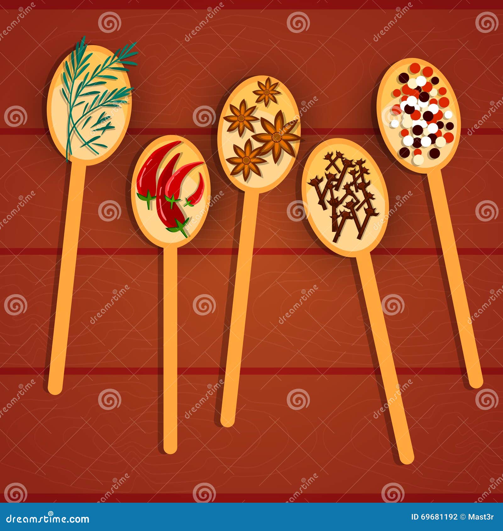 Spoon Collection with Different Spices Herbs Over Wooden Texture ...