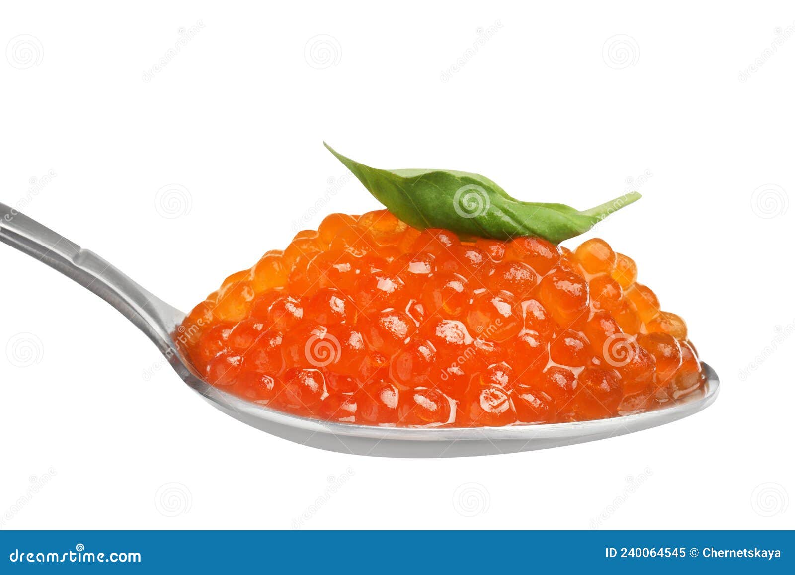 Spoon with Delicious Red Caviar and Basil Leaf Isolated on White Stock ...