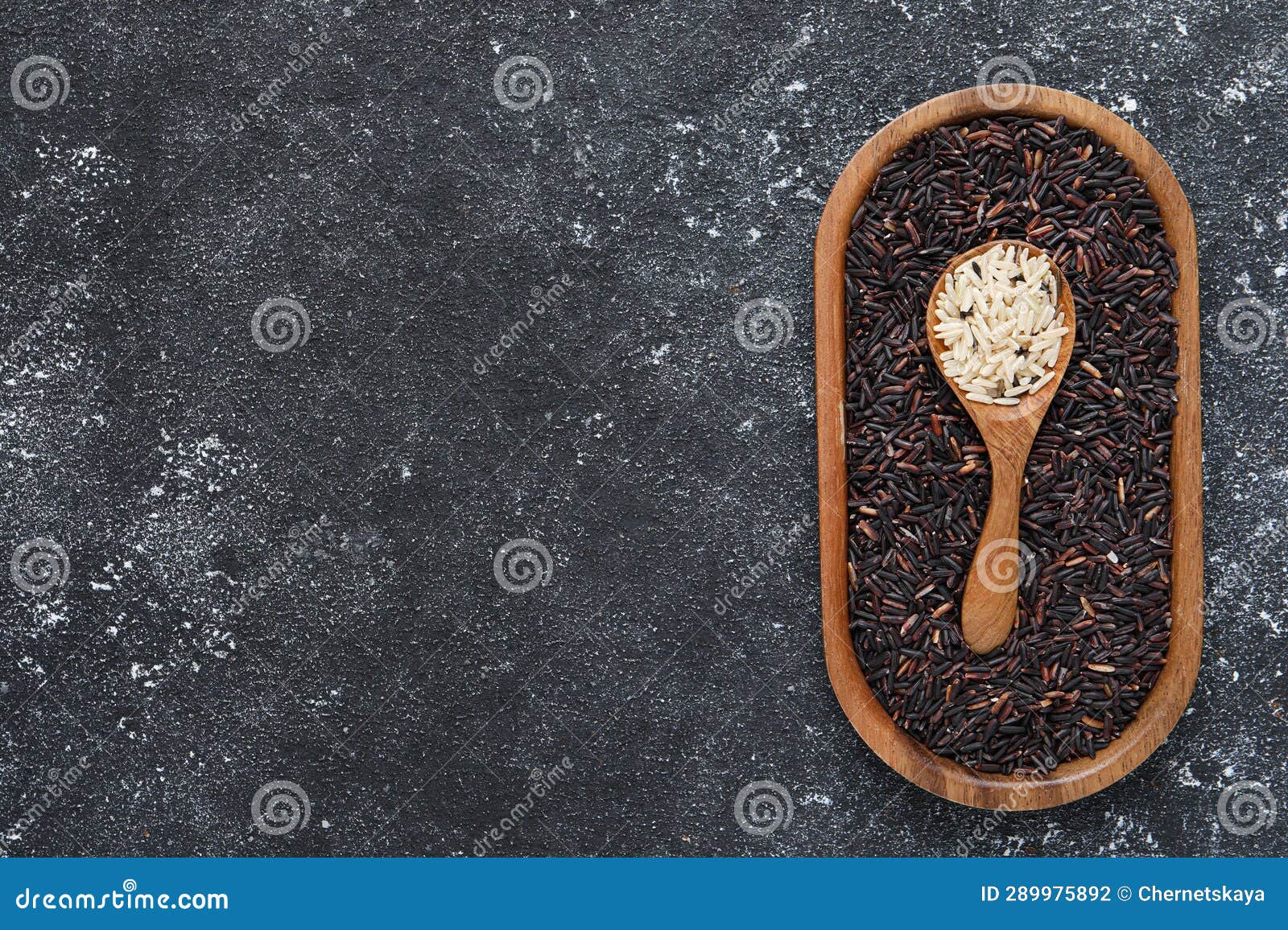 Spoon and Dish with Different Sorts of Rice on Black Textured Table ...