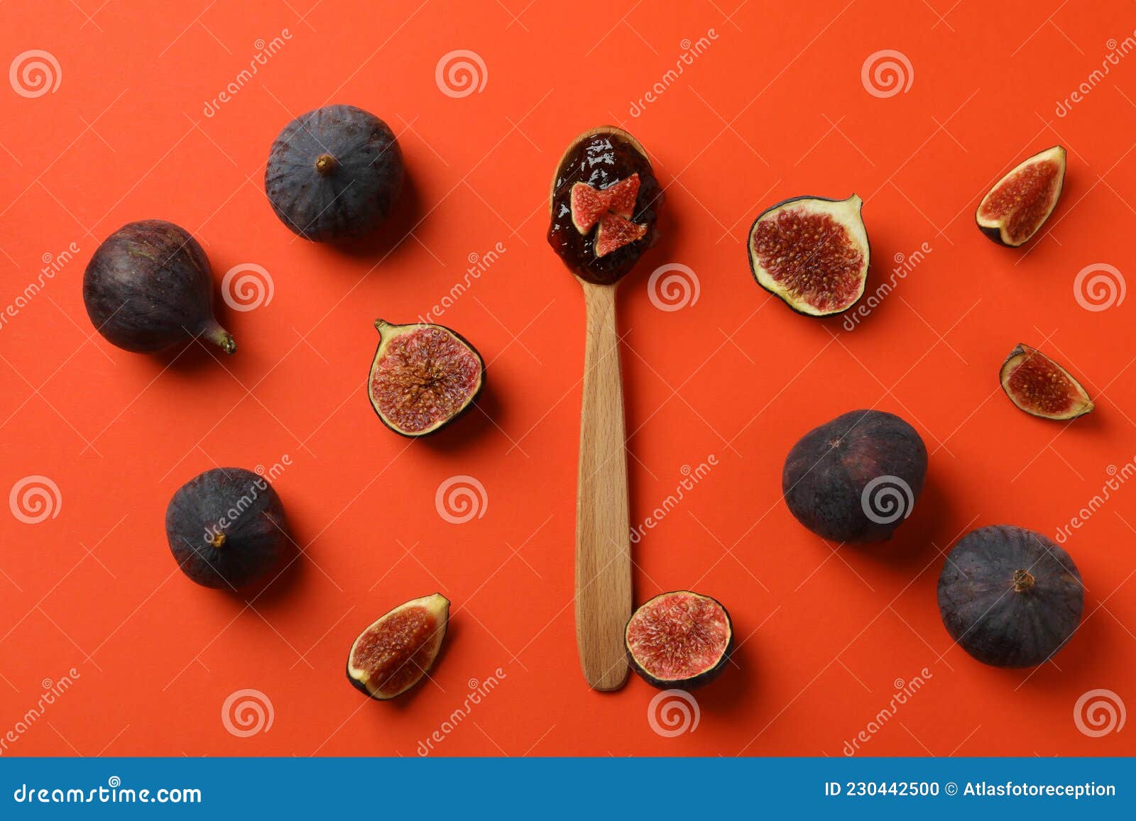 Spoon with Fig Jam and Ingredients on Orange Background Stock Photo ...