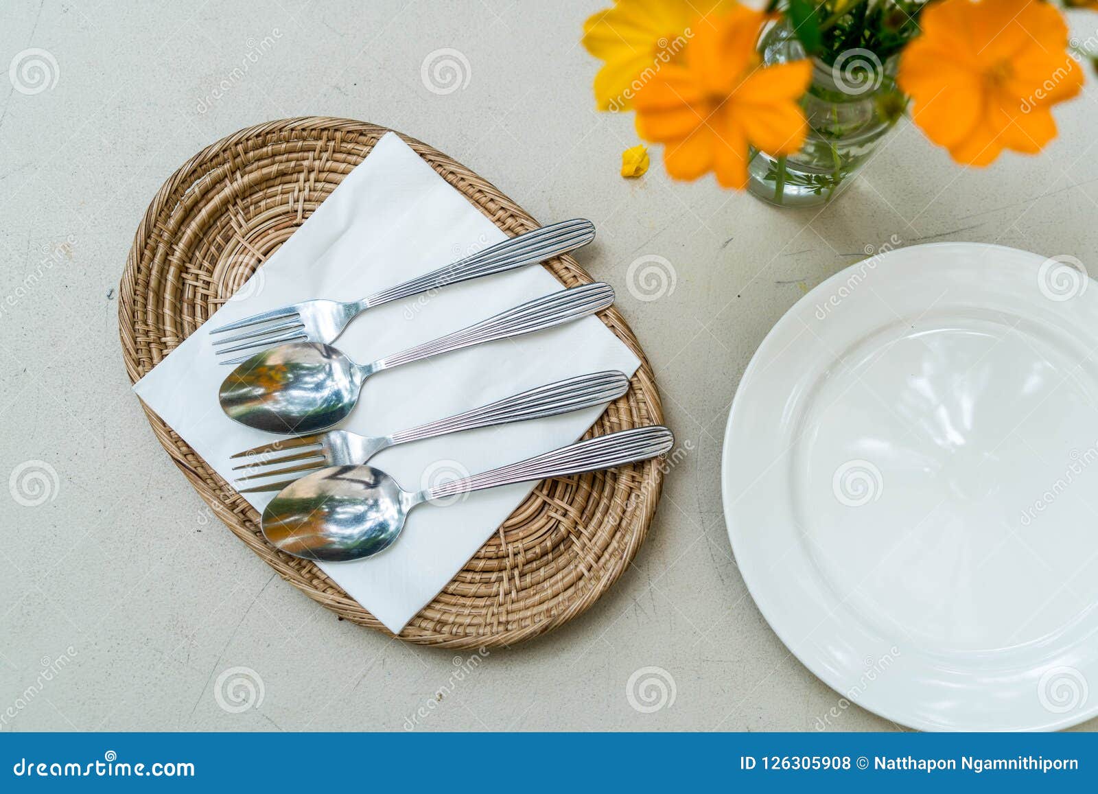 Spoon and fork on plate stock photo. Image of wood, kitchen - 126305908