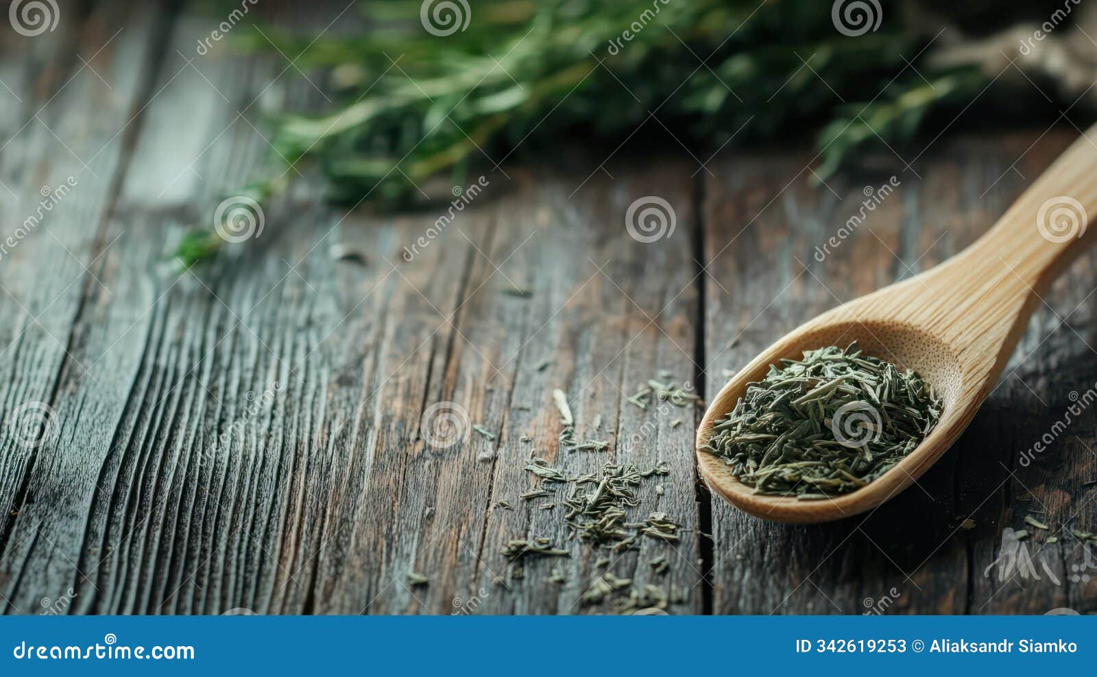 Spoon with Green Tea Leaves on Rustic Table Culinary Background with ...