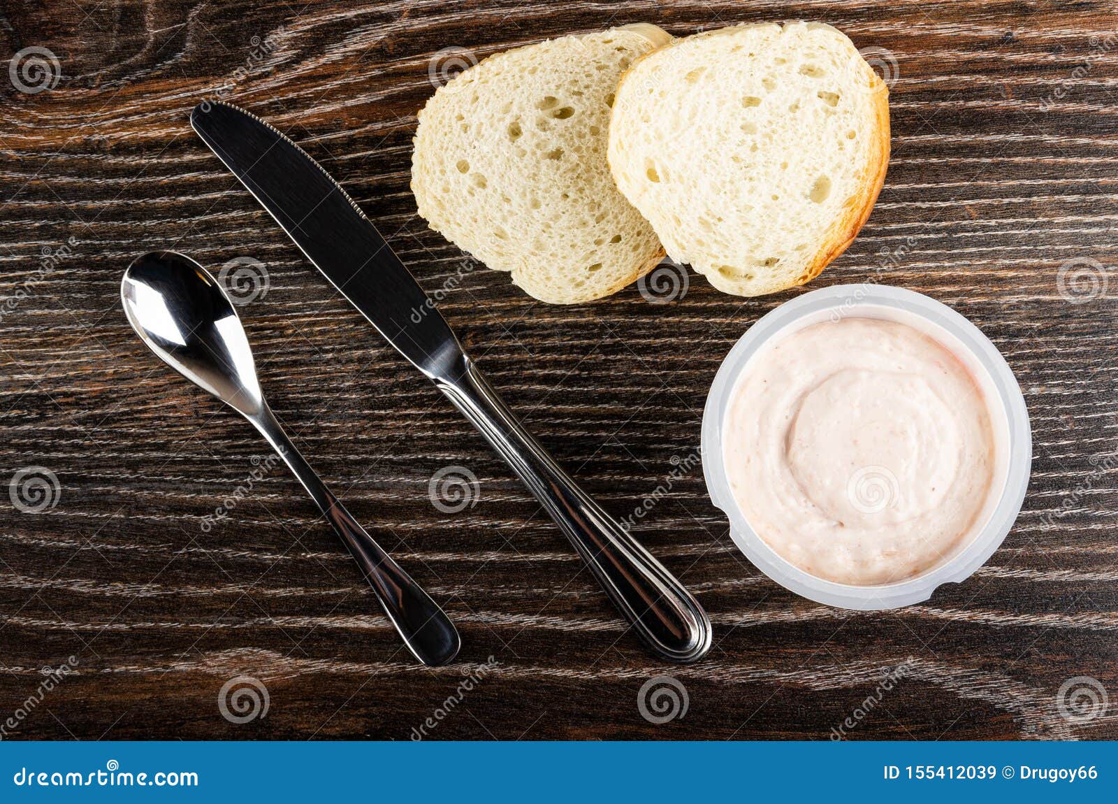 Spoon, Knife, Pieces of Bread, Jar with Krill Paste on Table. Top View ...