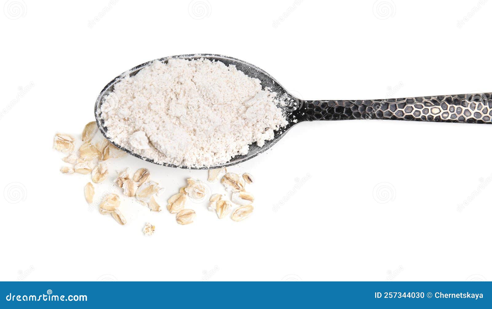 Spoon of Oatmeal Flour and Flakes on White Background, Top View Stock ...