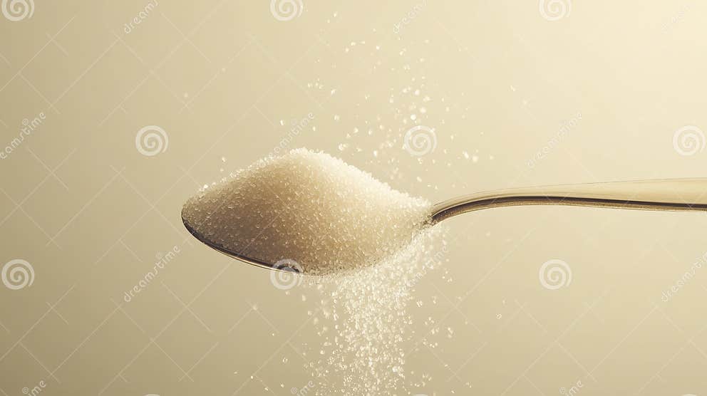 Spoon Overflowing with Granulated Sugar Falling on Beige Background ...